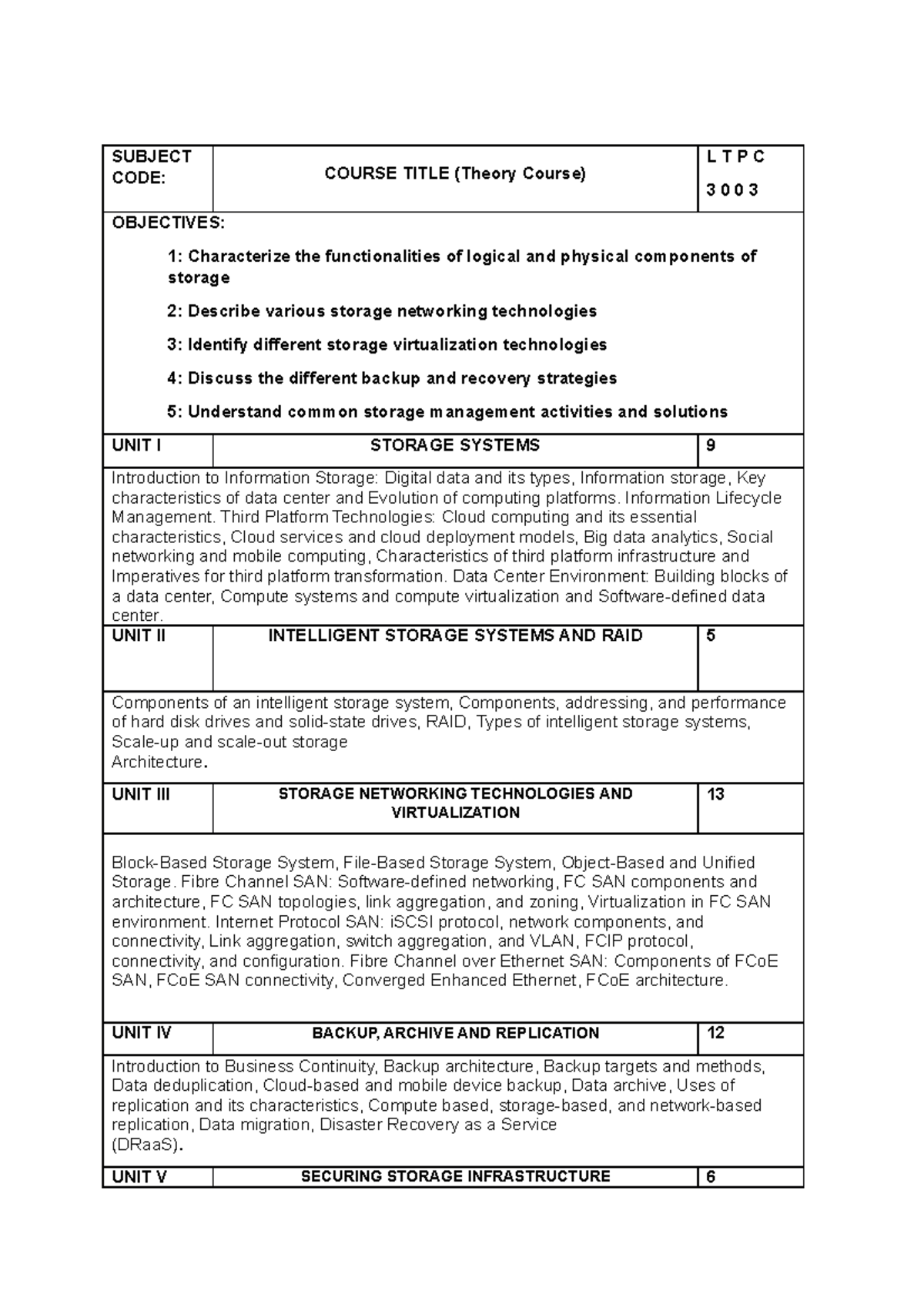 Storage Technologies - SUBJECT CODE: COURSE TITLE (Theory Course) L T P C 3 0 0 3 OBJECTIVES: 1 ...