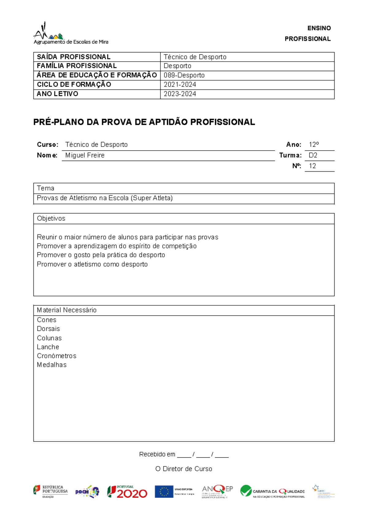Pre Plano PAP completo - ENSINO PROFISSIONAL SAÍDA PROFISSIONAL Técnico ...