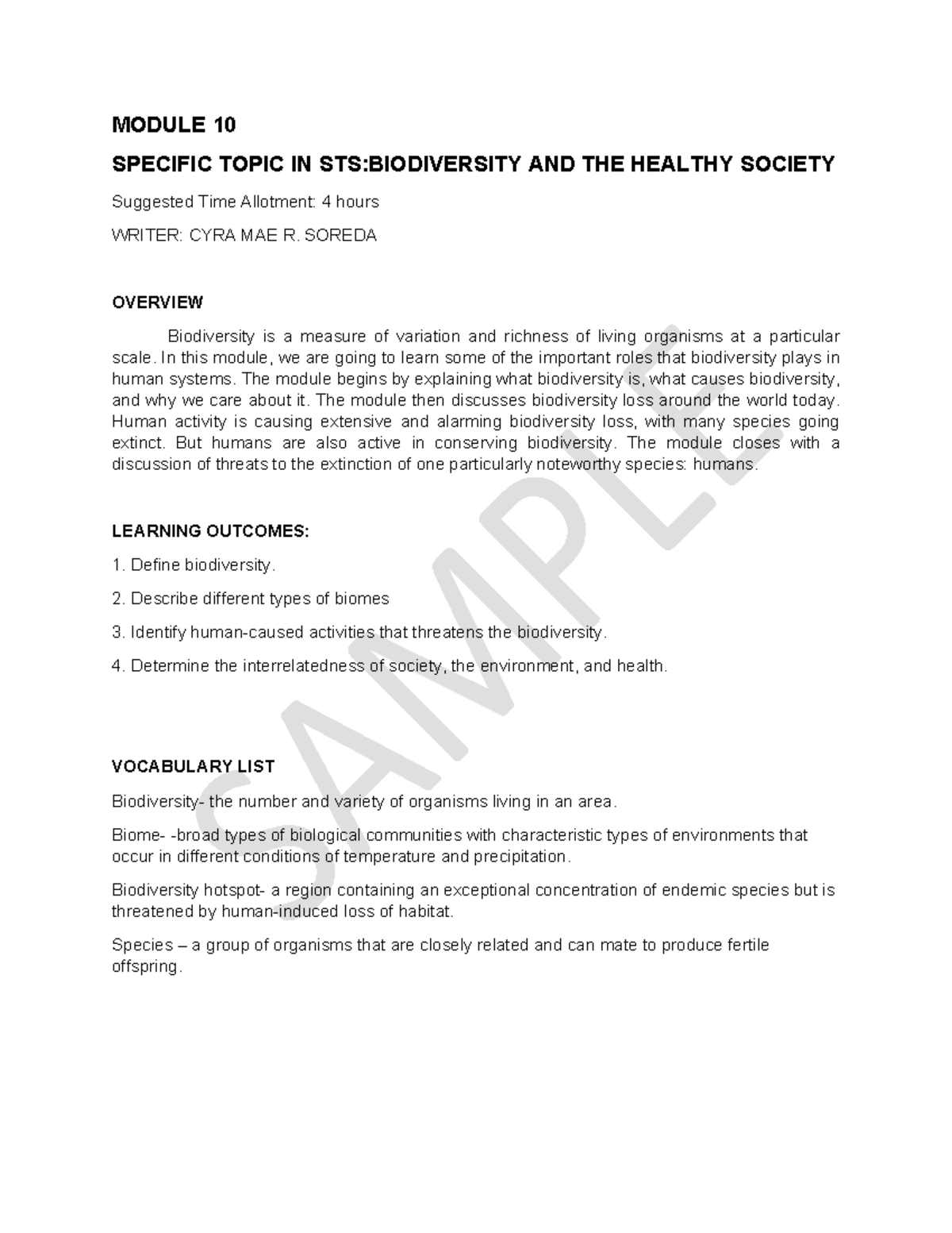 Module 10 - SAMPLE MODULE 10 SPECIFIC TOPIC IN STS:BIODIVERSITY AND THE ...