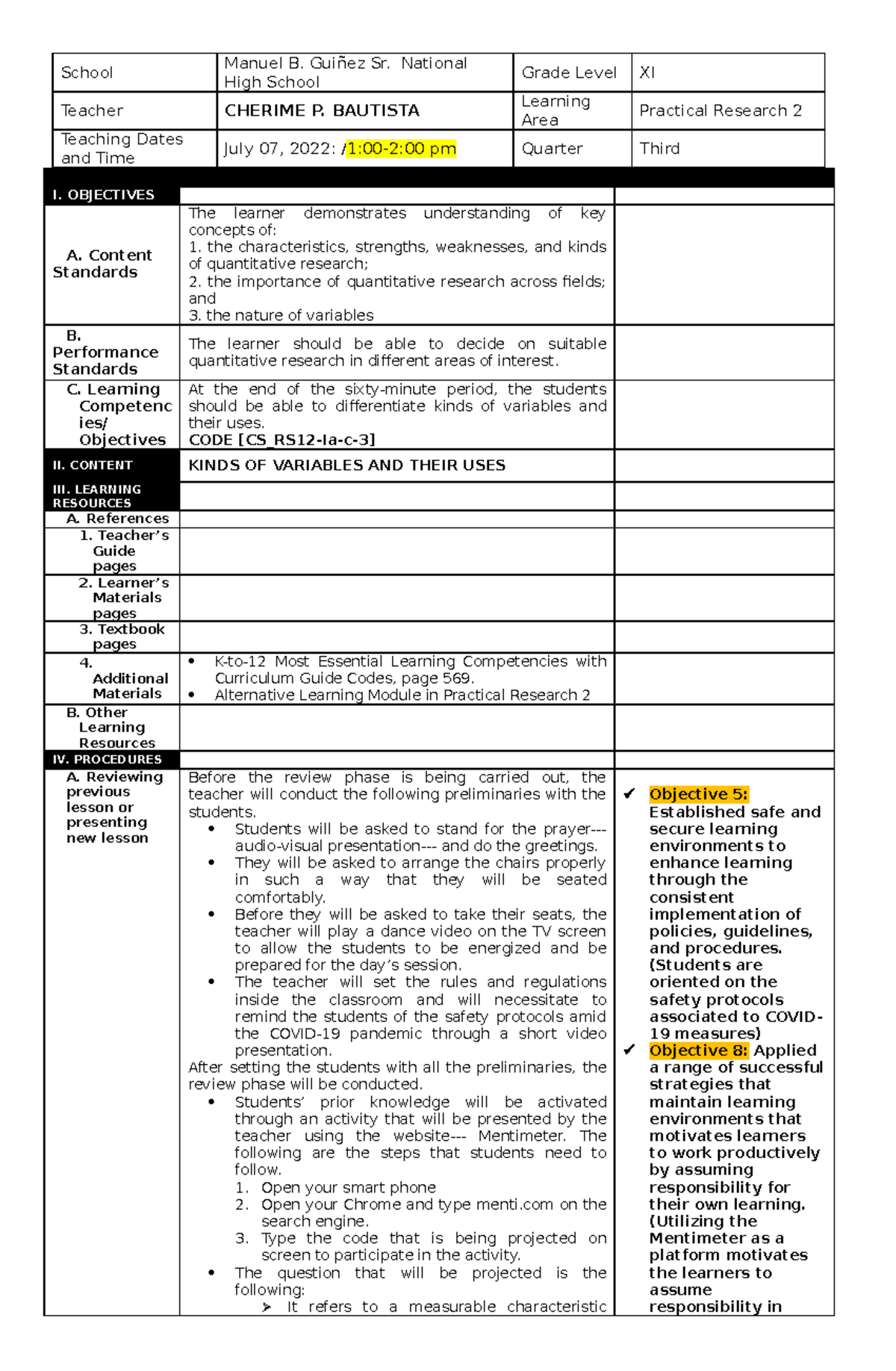 Lesson PLAN IN Practical Research 1 - School Manuel B. Guiñez Sr ...