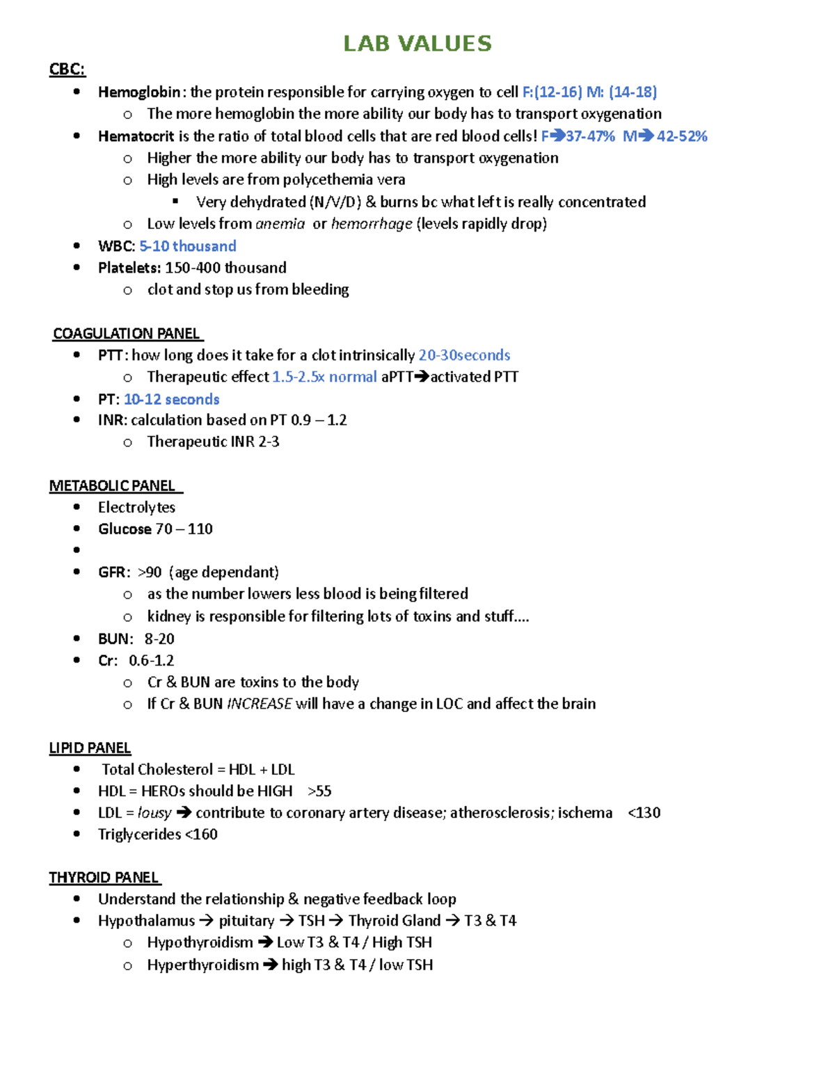 Lab Values - LAB VALUES CBC: Hemoglobin: the protein responsible for ...