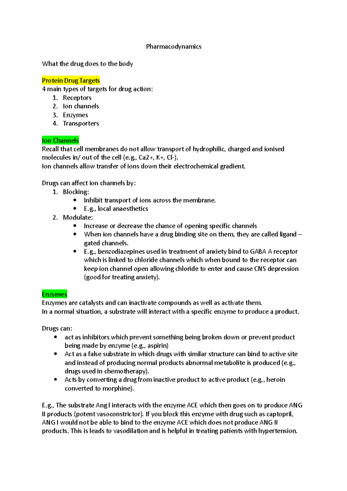 Pharmacodynamics - Notes - Pharmacodynamics What the drug does to the ...