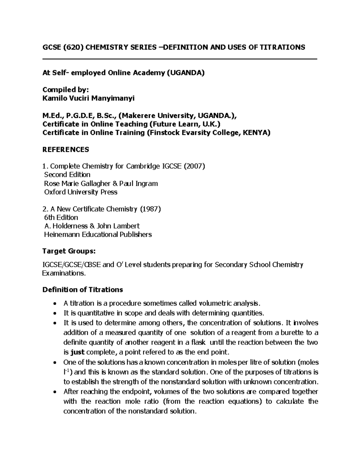 GCSE CHEMISTRY NOTES –DEFINITION AND USES OF TITRATIONS - GCSE (620 ...
