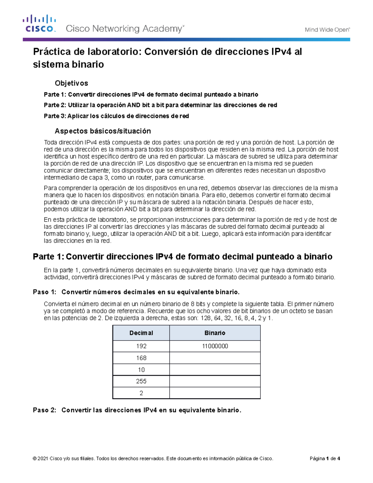 7.1.2.9 Lab - Converting IPv4 Addresses to Binary - Redes De Computadoras - UAT - Studocu
