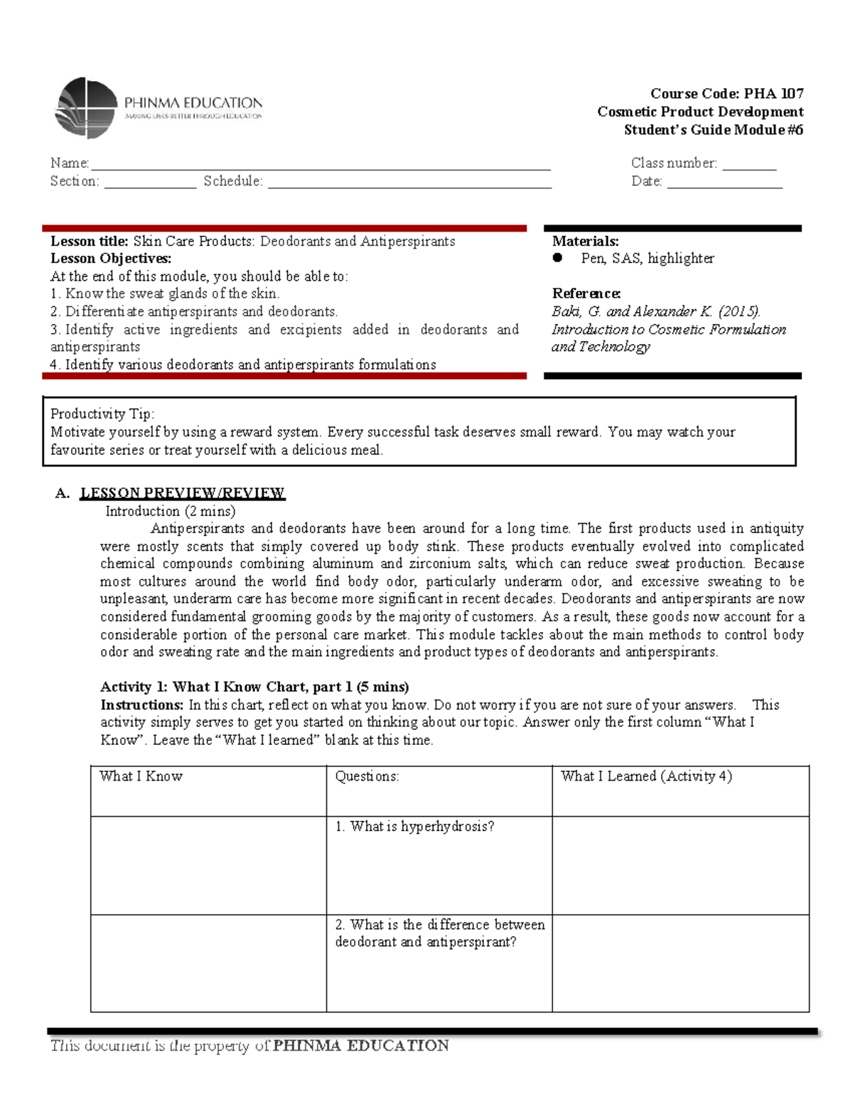SG Module 6- block 1 - n/a - Cosmetic Product Development Student’s ...