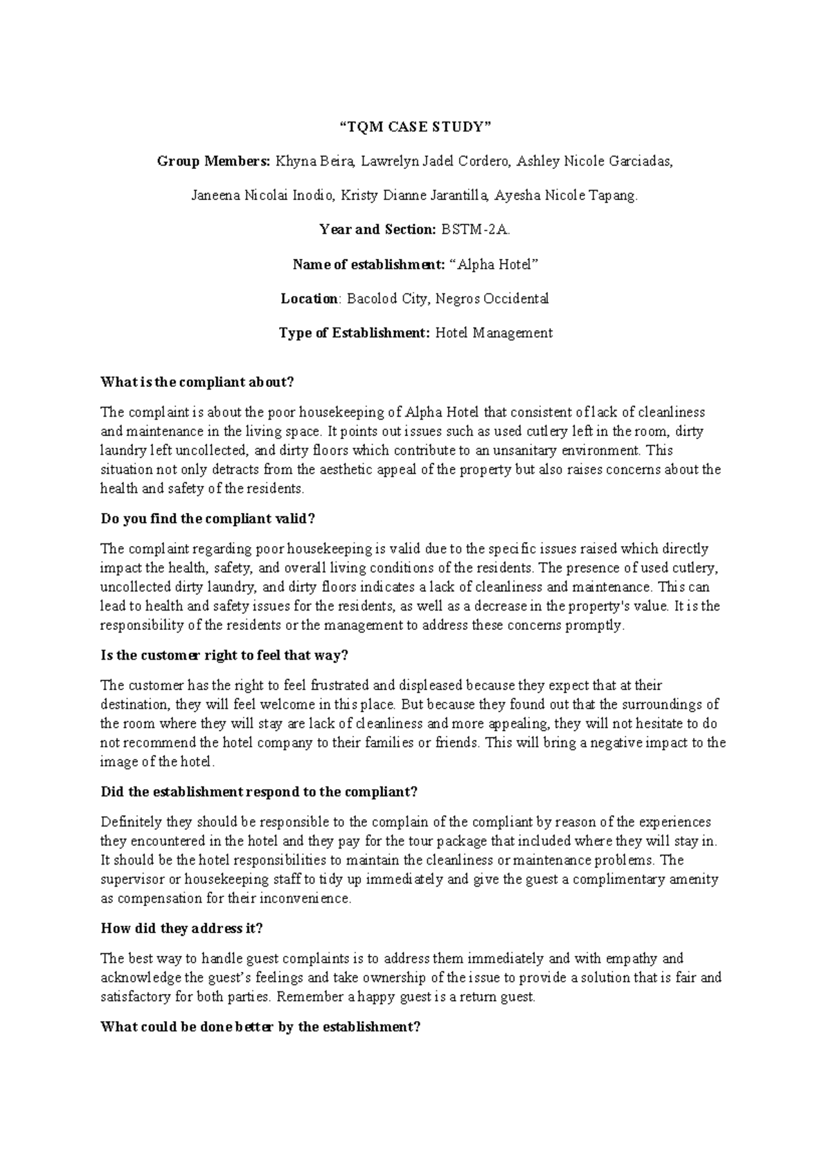 TQM CASE Study 2 - This module is for hospitality and tourism - “TQM CASE STUDY” Group Members ...