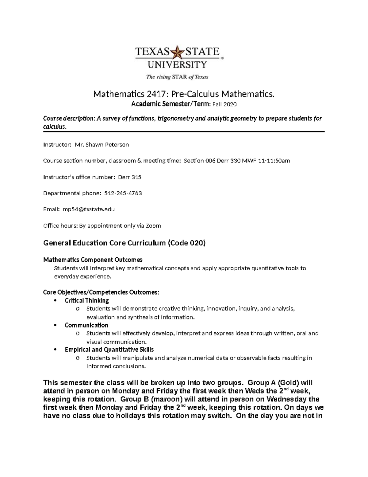 Syllabus - MATH2417 Section 006 Fall 2020 - Mathematics 2417: Pre ...