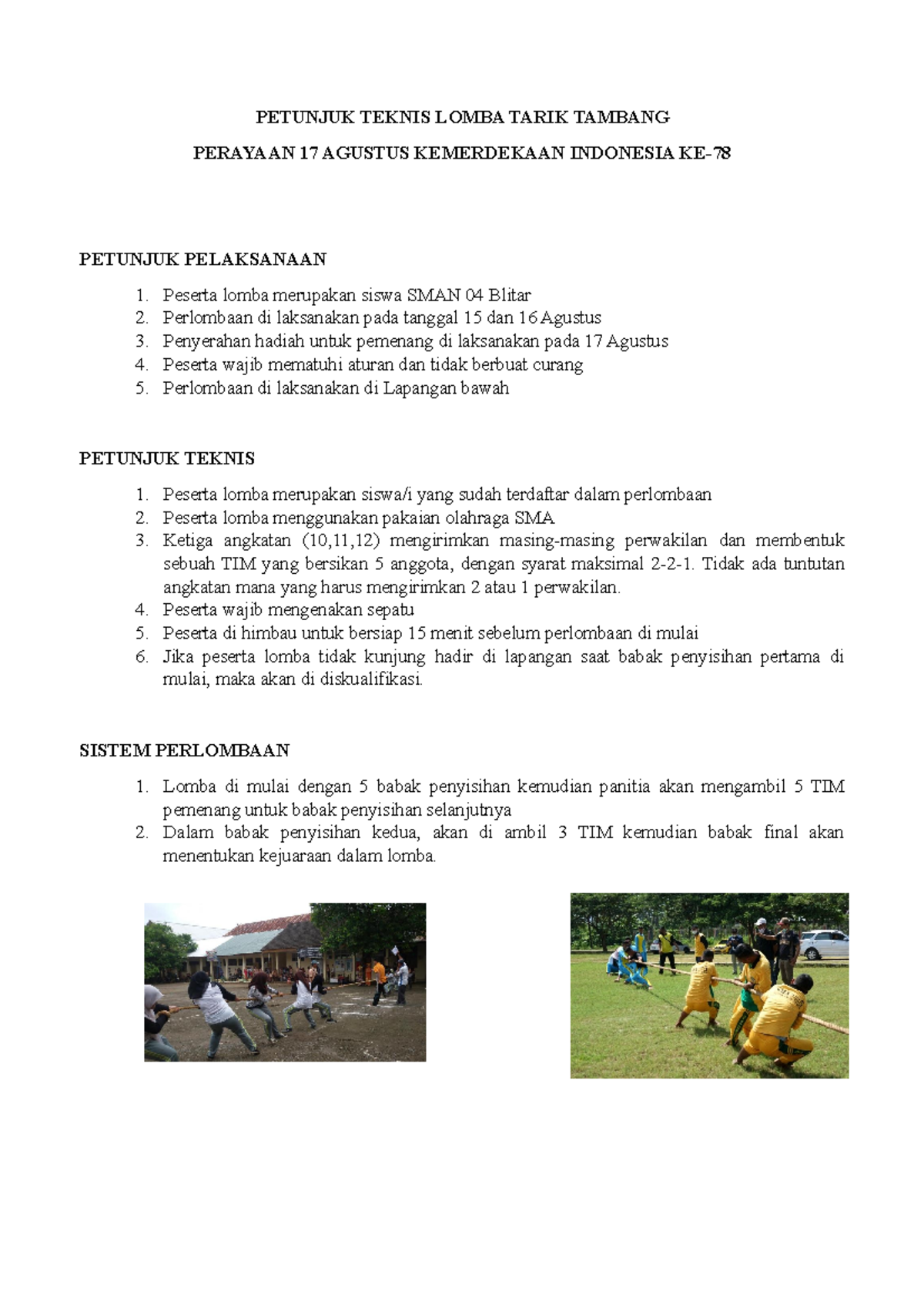 Juknis Lomba Tarik Tambang - PETUNJUK TEKNIS LOMBA TARIK TAMBANG PERAYAAN 17 AGUSTUS KEMERDEKAAN ...