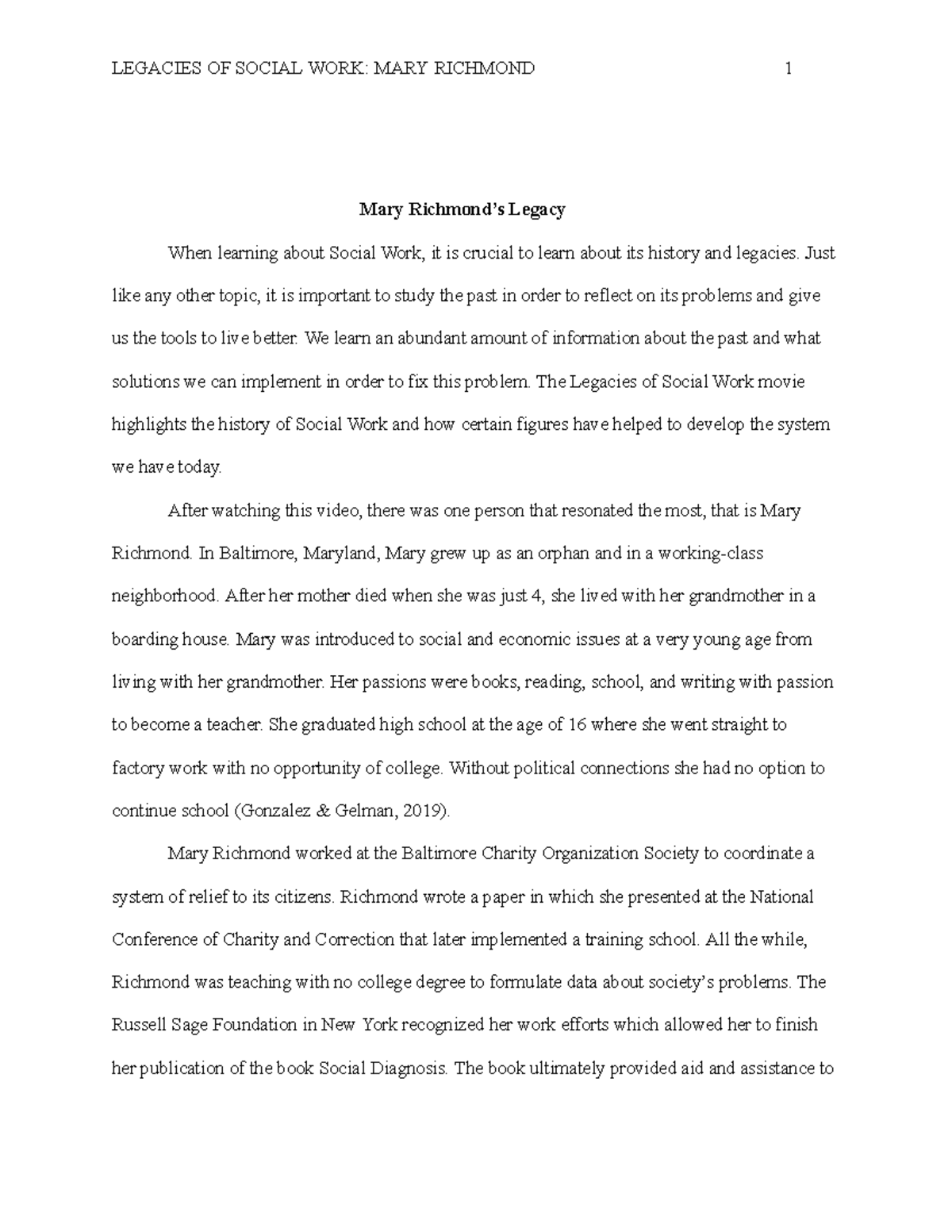 Legacies of Social Work Paper - Mary Richmond’s Legacy When learning ...