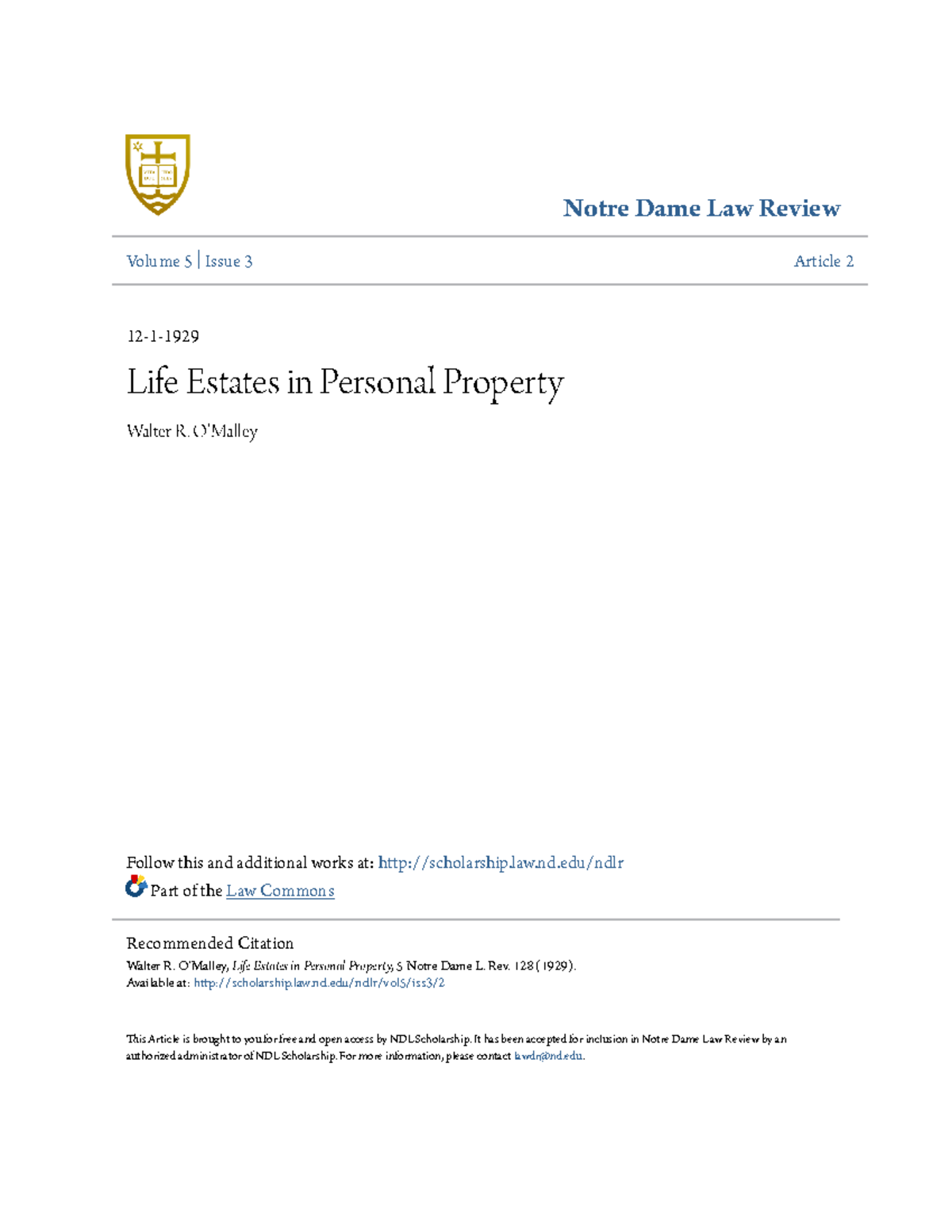 Life Estates in Personal Property - Notre Dame Law Review Volume 5 ...