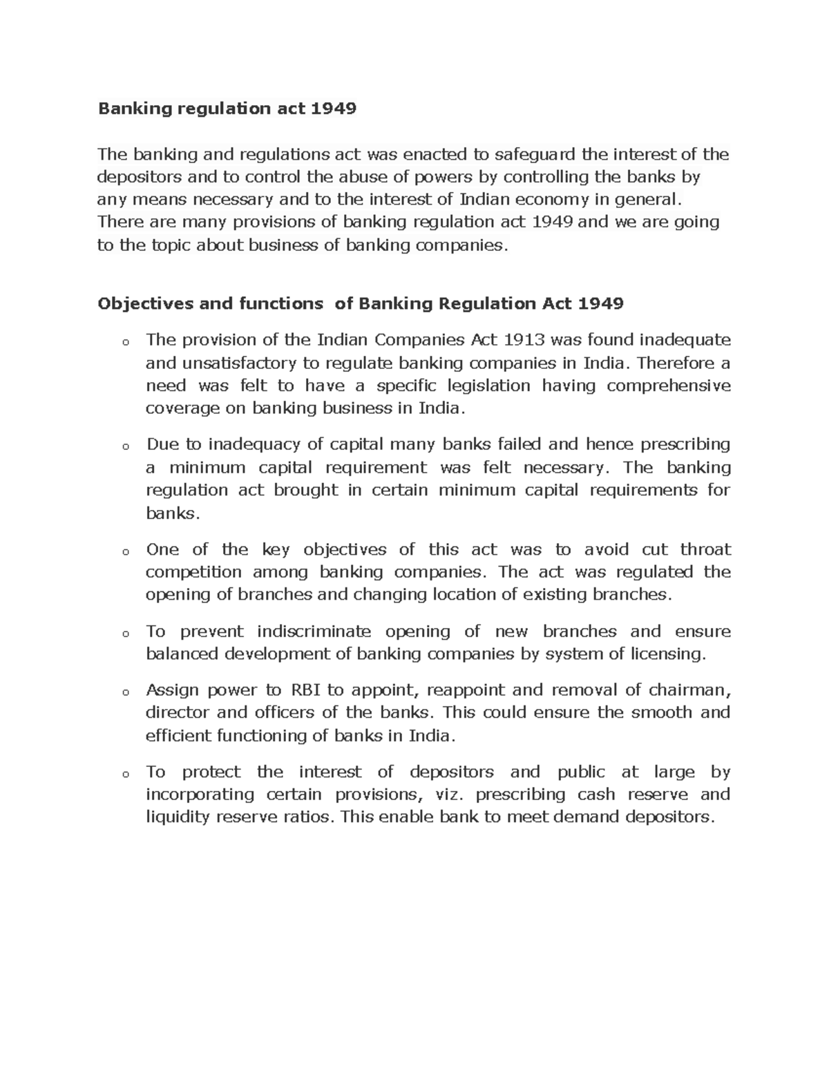 F.Y.B.COM - Banking GE - Same - Banking regulation act 1949 The banking ...