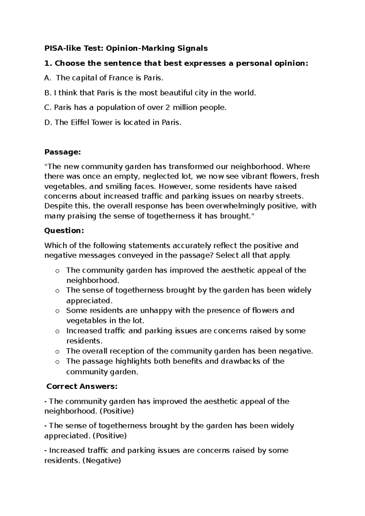 PISA like TEst - Test - PISA-like Test: Opinion-Marking Signals Choose ...