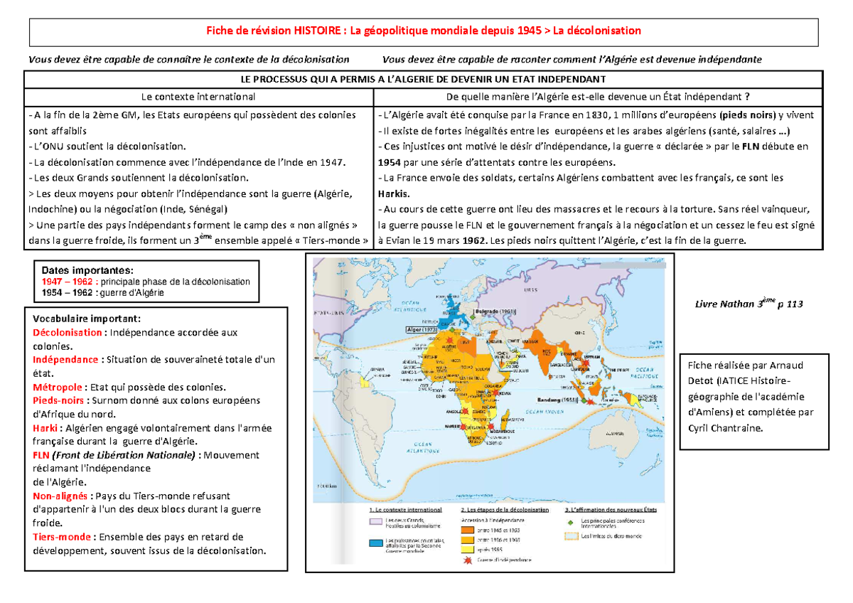 Fiche- Revision- Decolonisation - Vous devez être capable de connaître le contexte de la - Studocu