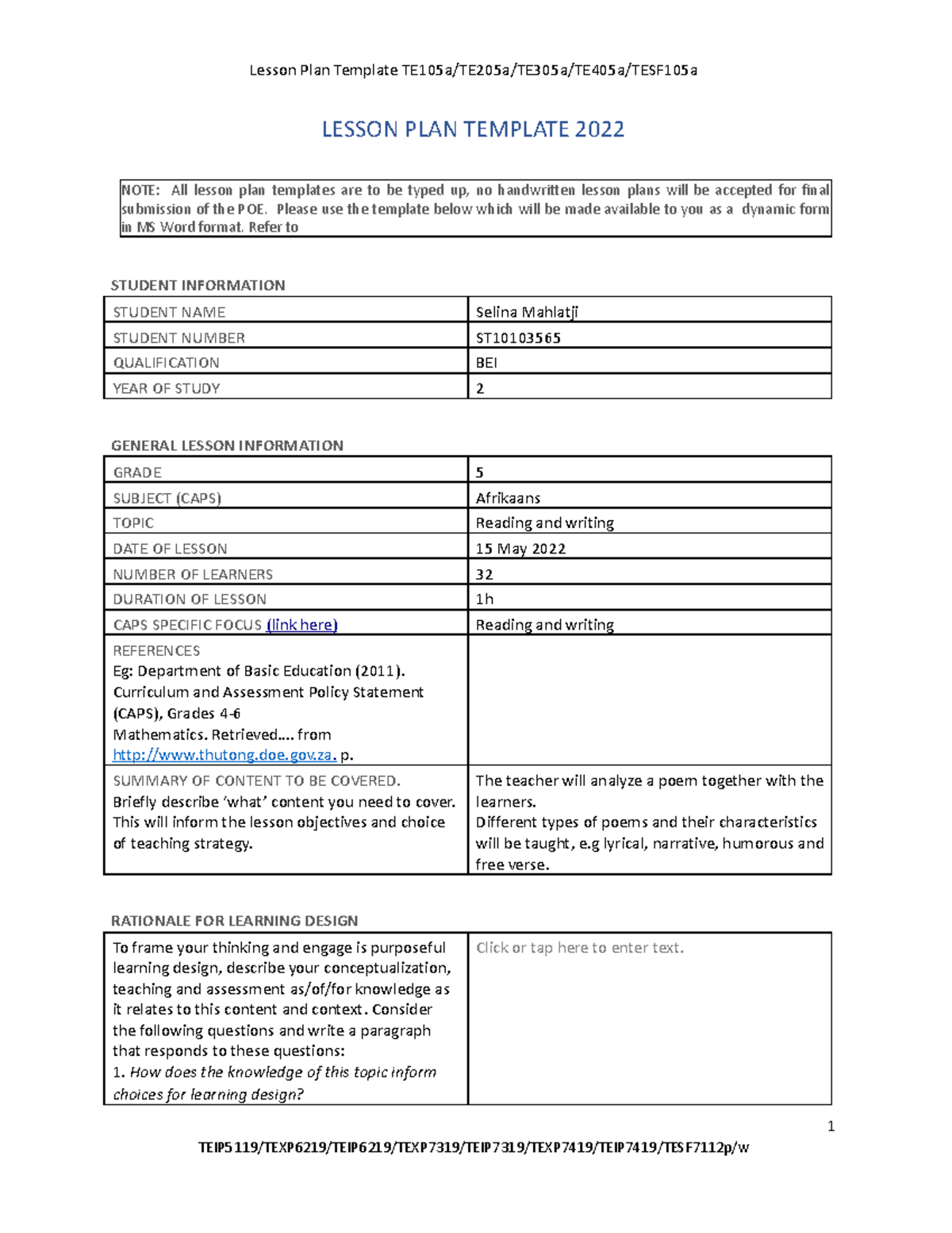 Lesson PLAN Template 2022 - LESSON PLAN TEMPLATE 2022 NOTE: All lesson ...