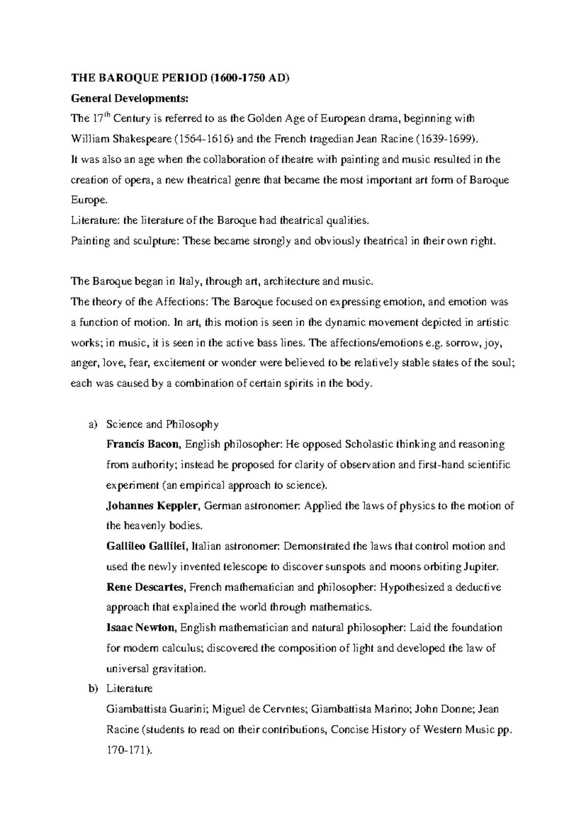 THE Baroque Period Notes - THE BAROQUE PERIOD (1600-1750 AD) General ...