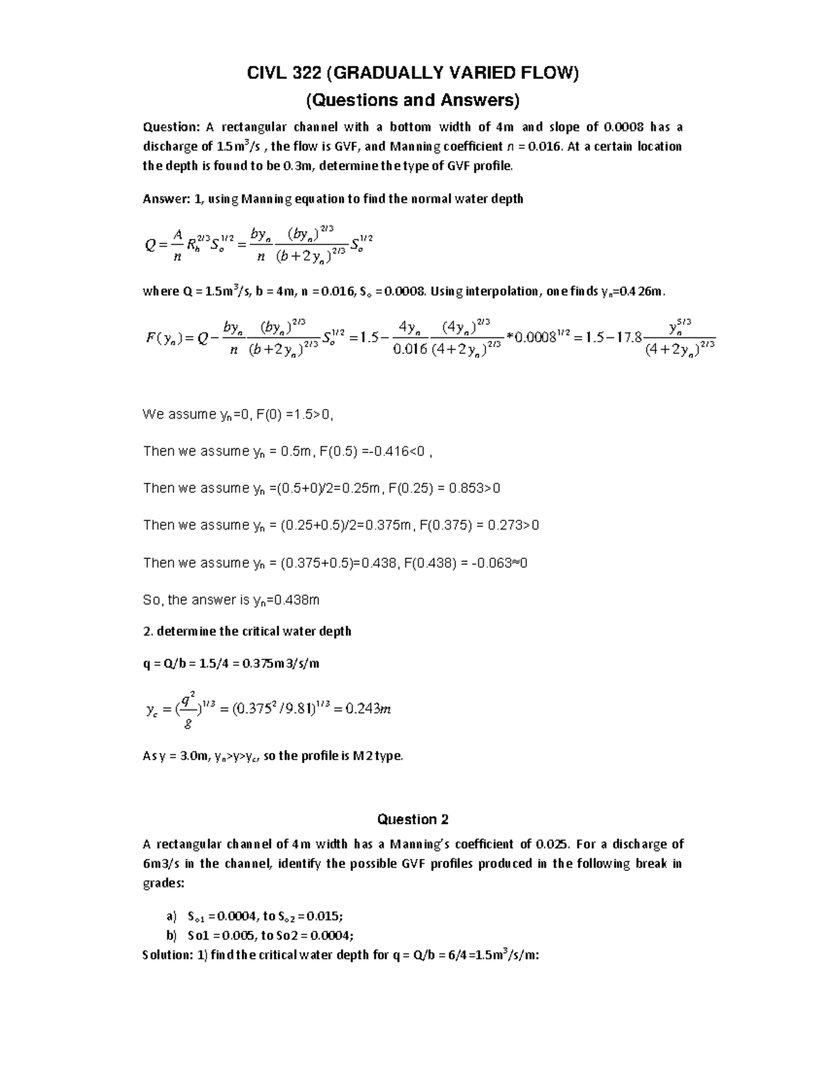 Week 10 TutoriaL Question Answer - CIVL 322 (GRADUALLY VARIED FLOW) (Questions and Answers ...