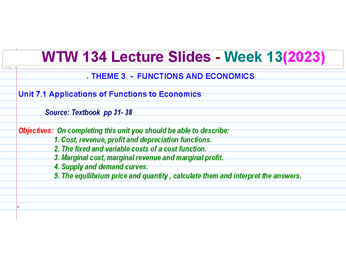 WTW 134 Lecture Slides-Week 13(2023) - THEME 3 - FUNCTIONS AND ...