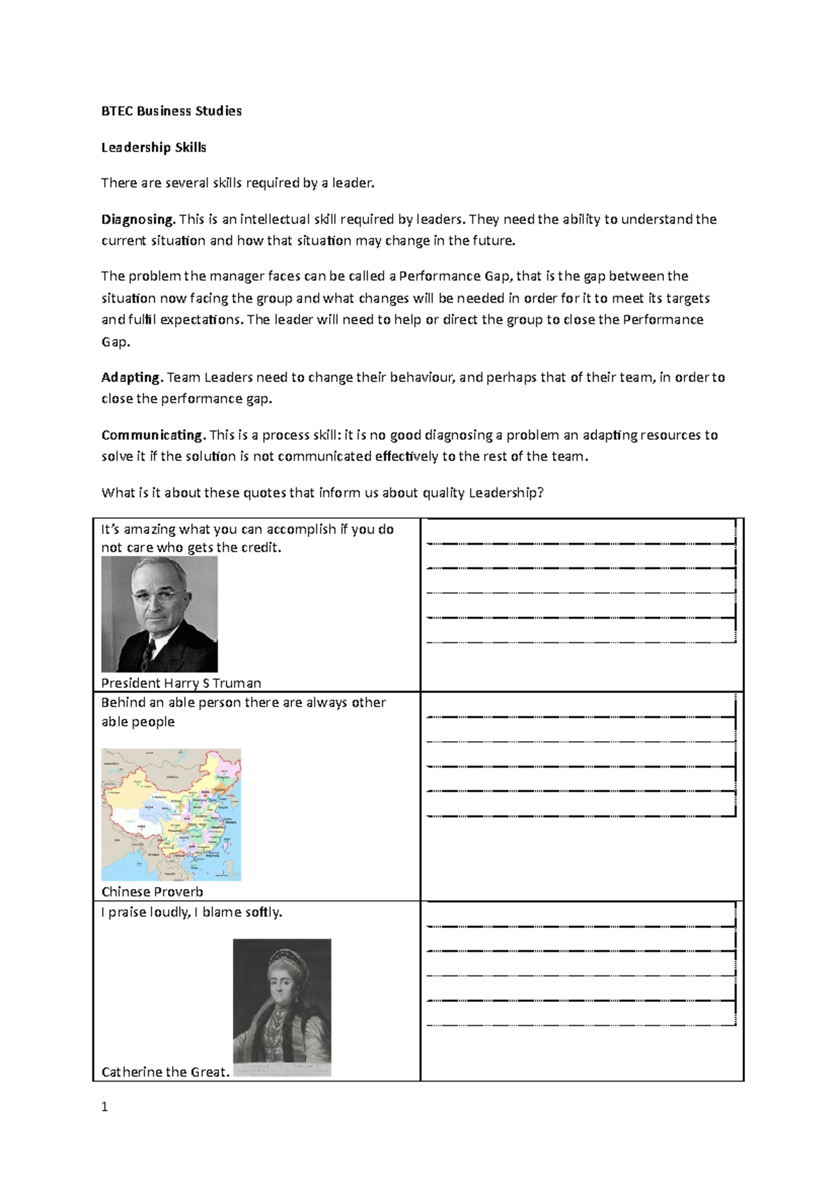 Leadership styles detailed worksheet - BTEC Business Studies Leadership ...