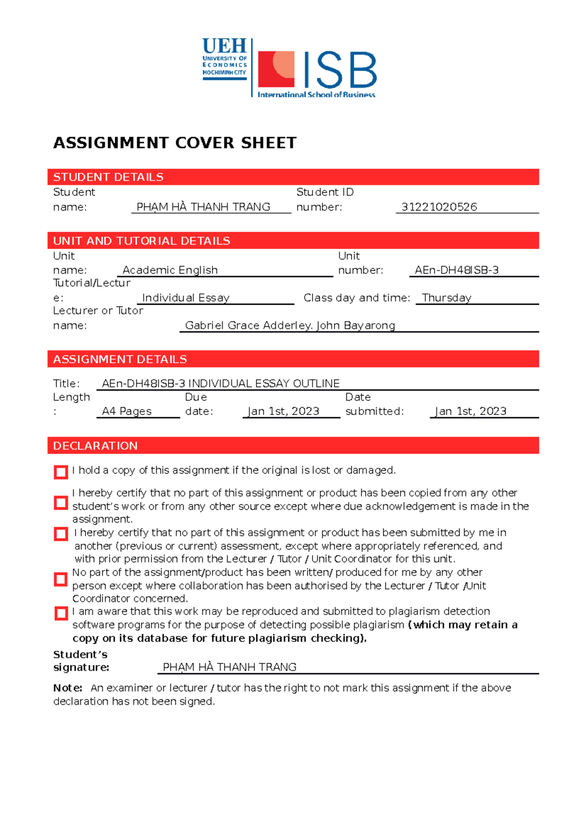 Cover Sheet - nothing - ASSIGNMENT COVER SHEET STUDENT DETAILS Student ...