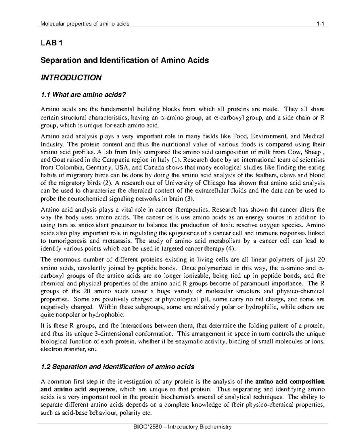 Lab 1-Amino Acids F23 - lab 1 - Molecular properties of amino acids 1- LAB 1 Separation and ...