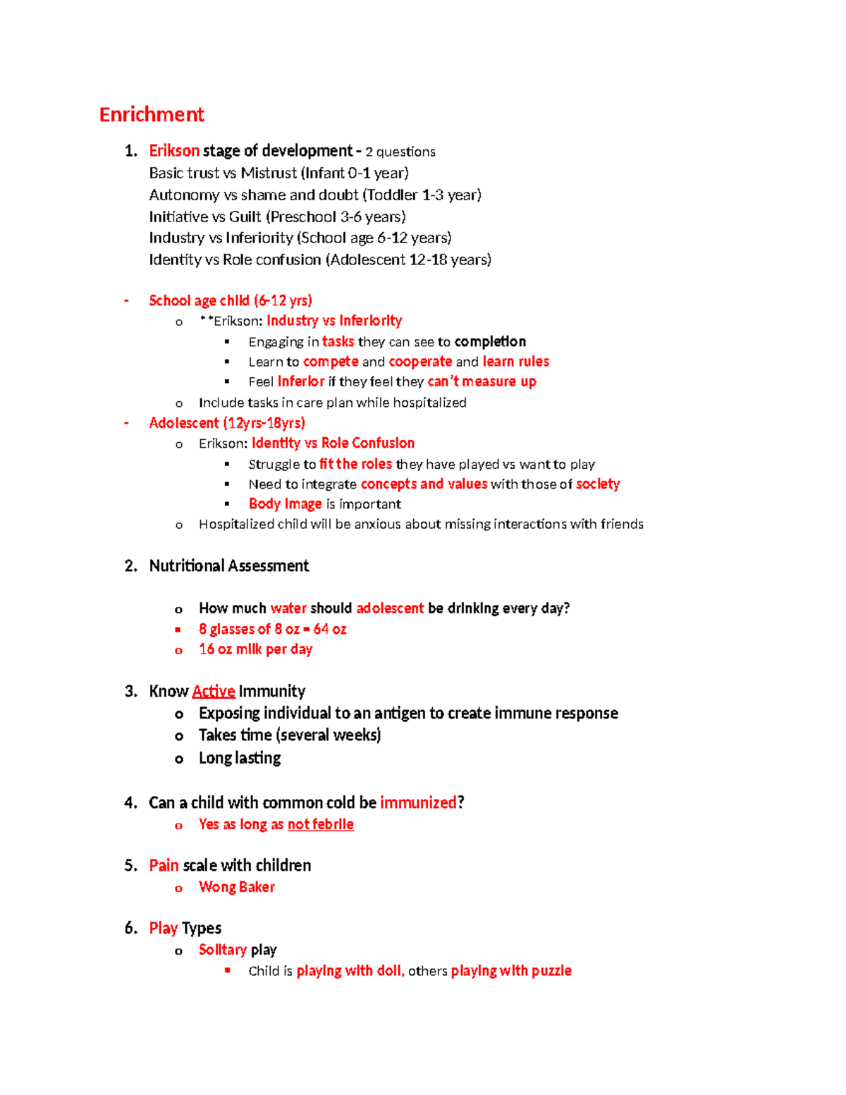 Exam 3 Enrichment - exam 3 notes - Enrichment 1. Erikson stage of ...