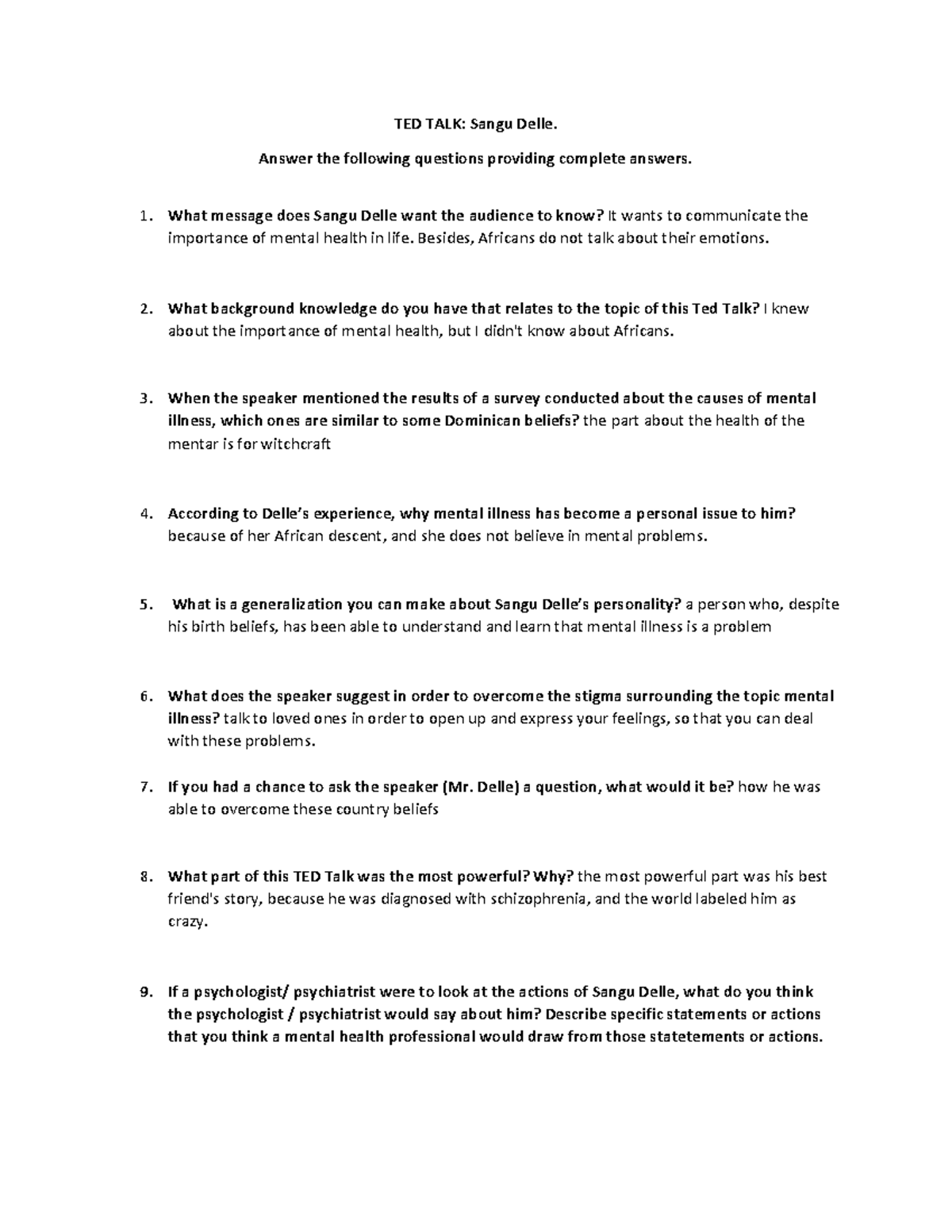 TED TALK Mental Health bryant perez - TED TALK: Sangu Delle. Answer the ...