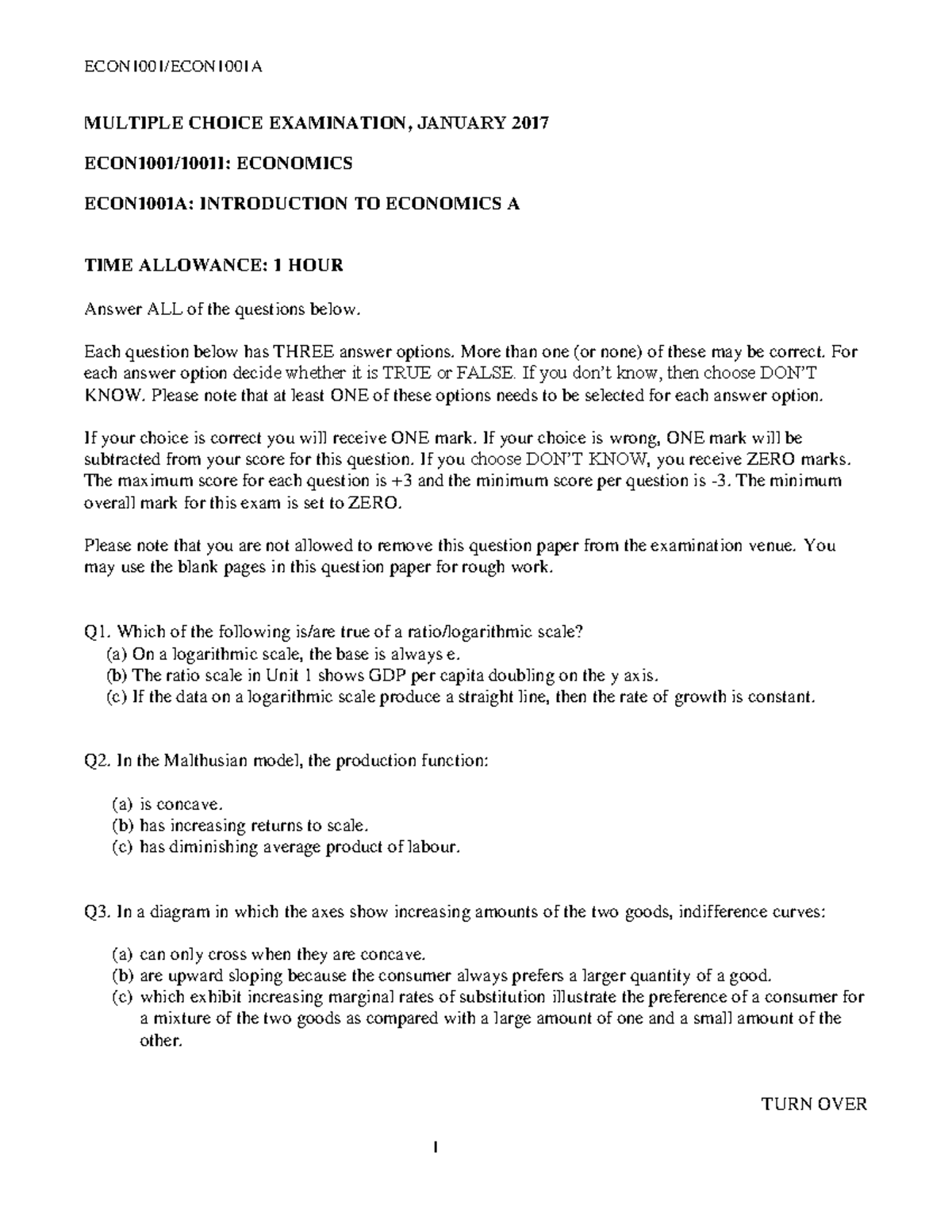 ECON1001 MCQExam Jan 2017 checked - MULTIPLE CHOICE EXAMINATION, JANUARY 2017 ECON1001/1001I ...