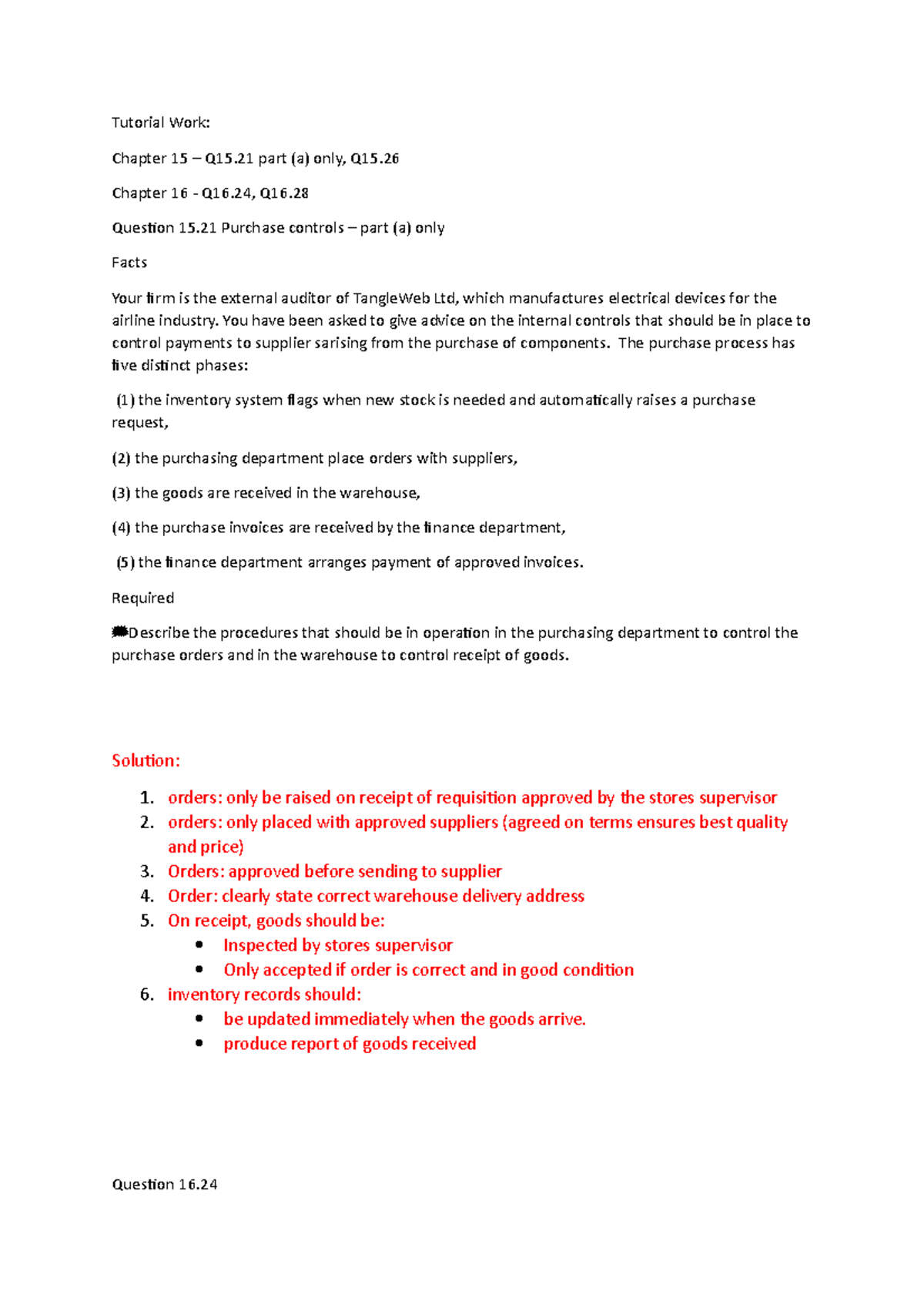 Week 10 tutorial work - Tutorial Work: Chapter 15 – Q15 part (a) only ...
