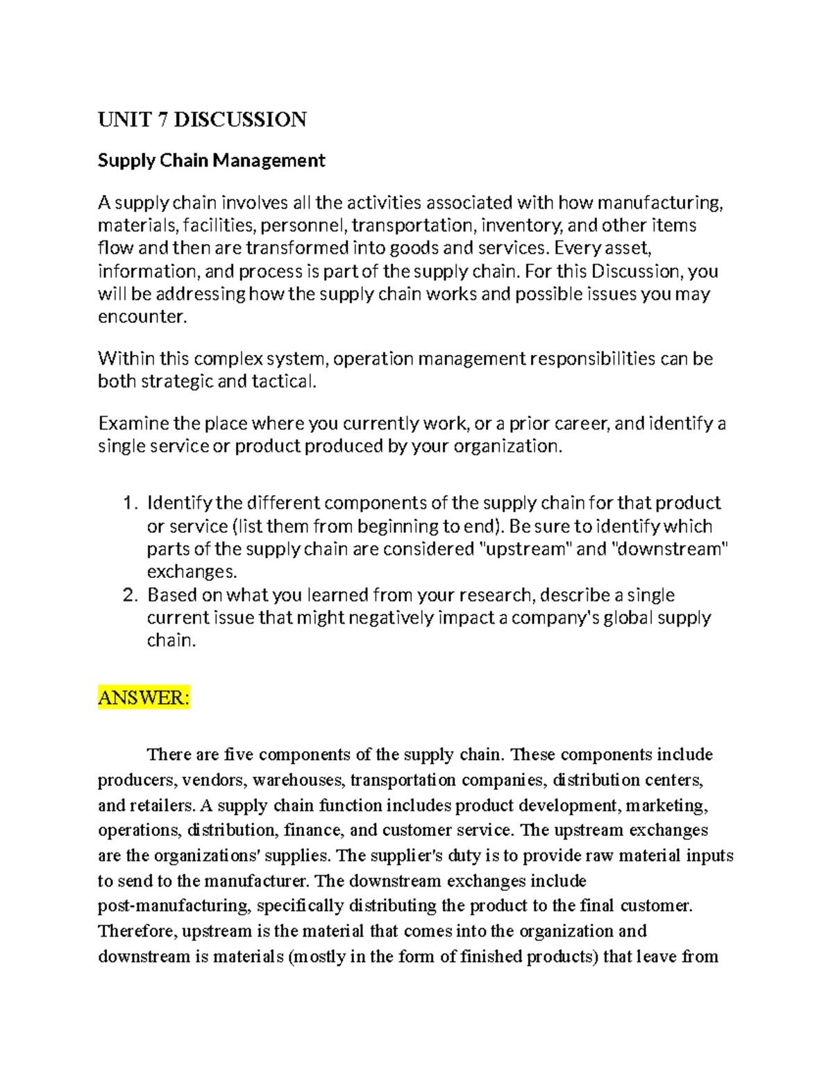MT435 Unit 7 Discussion - UNIT 7 DISCUSSION Supply Chain Management A ...