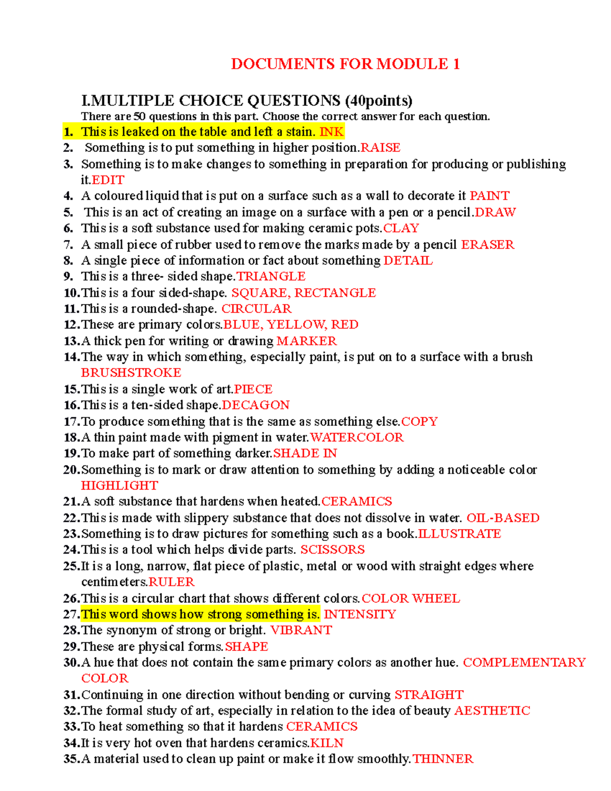 TÀI LIỆU ÔN Module 1 - DOCUMENTS FOR MODULE 1 I CHOICE QUESTIONS ...