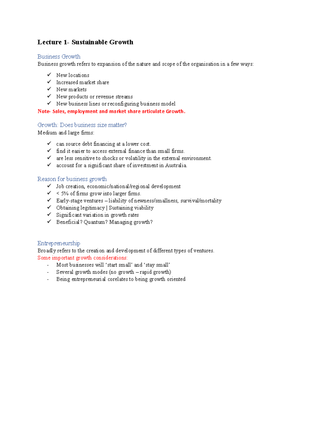 Lecture 1- Note - Lecture 1- Sustainable Growth Business Growth ...