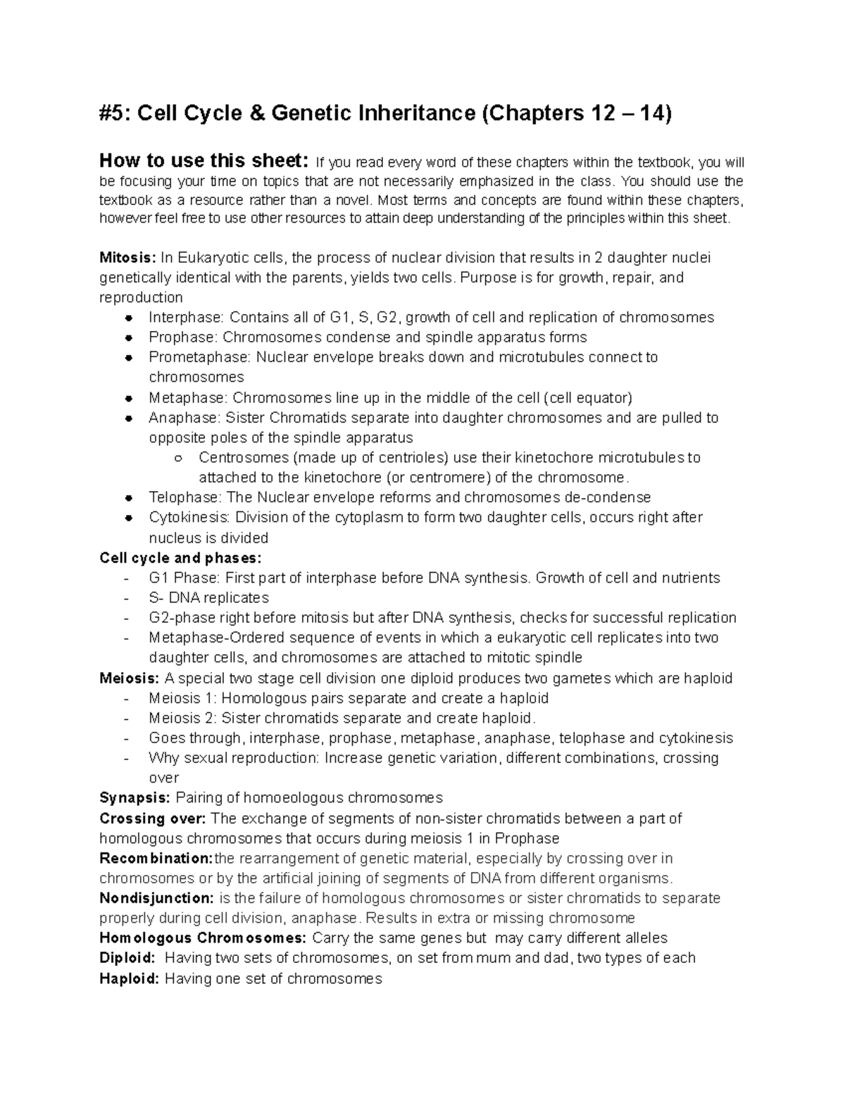 Biology 1610- What to know - 5 - Cell Cycle Genetic Inheritance ...
