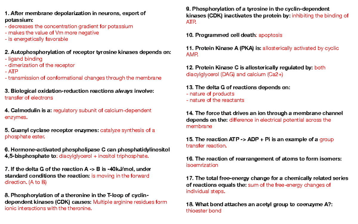 Biochem final exam answers - 1. After membrane depolarization in ...