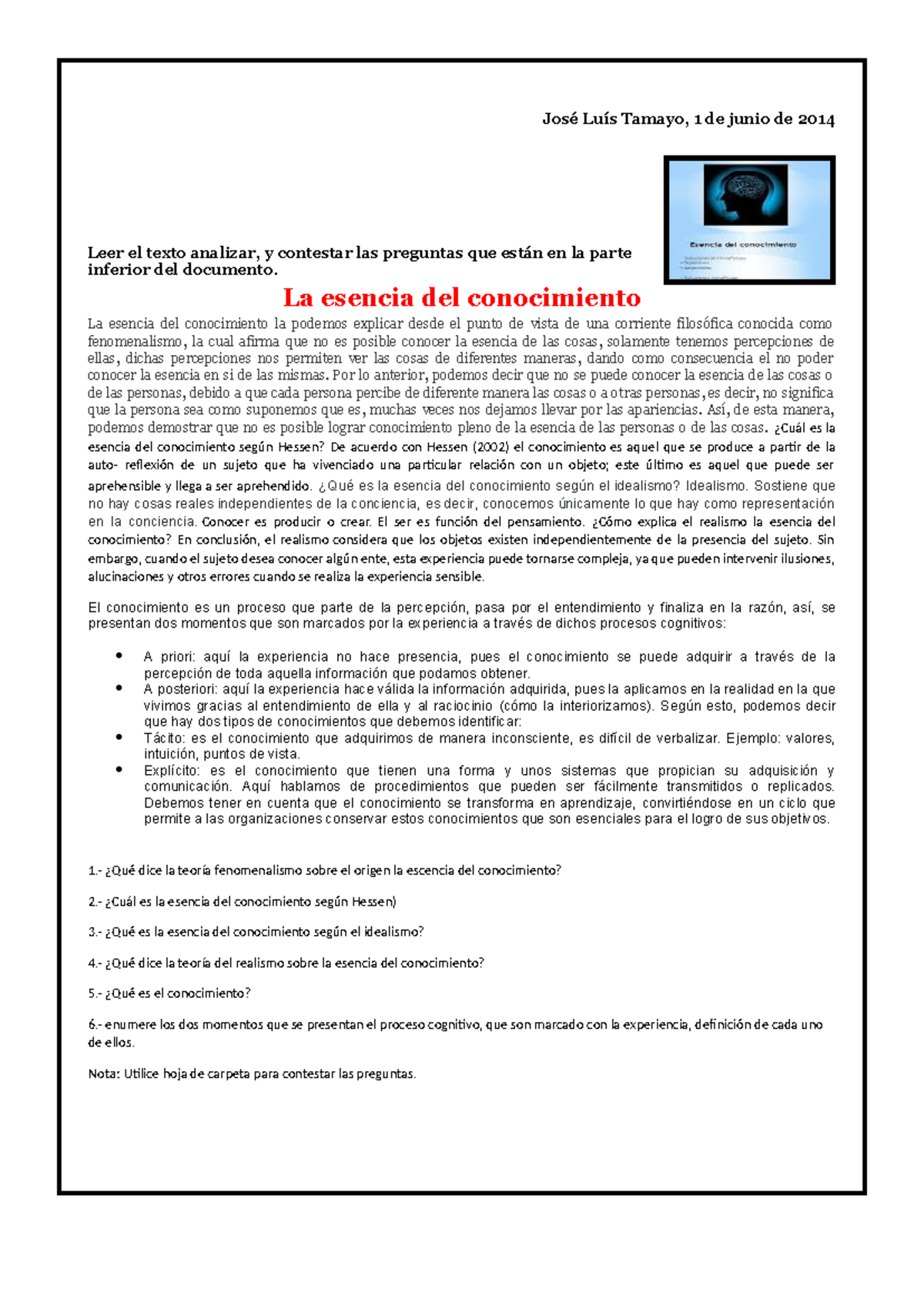 La esencia del conocimiento - José Luís Tamayo, 1 de junio de 2014 Leer ...