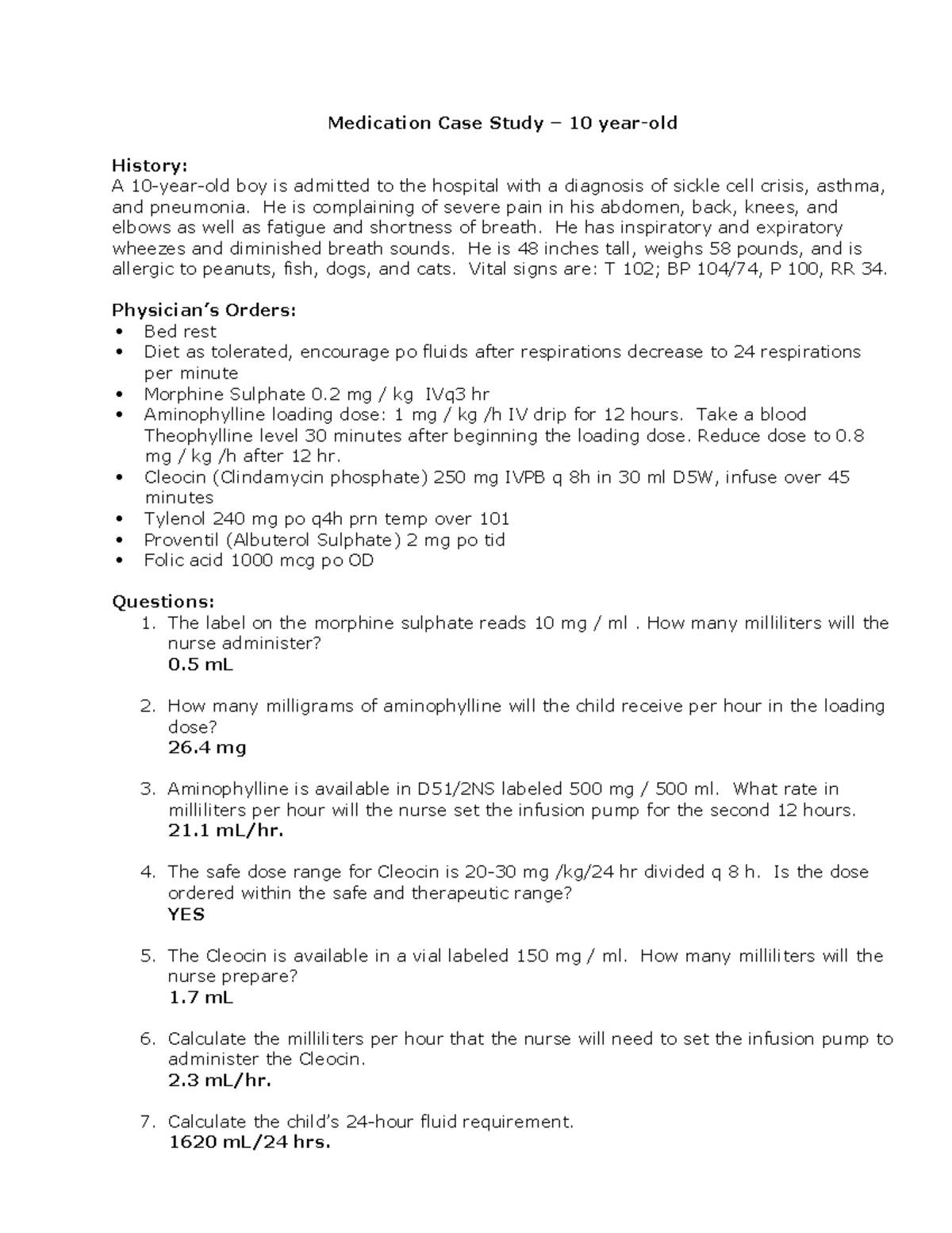 Peds Medication Case Study Medication Case Study 10 Year old