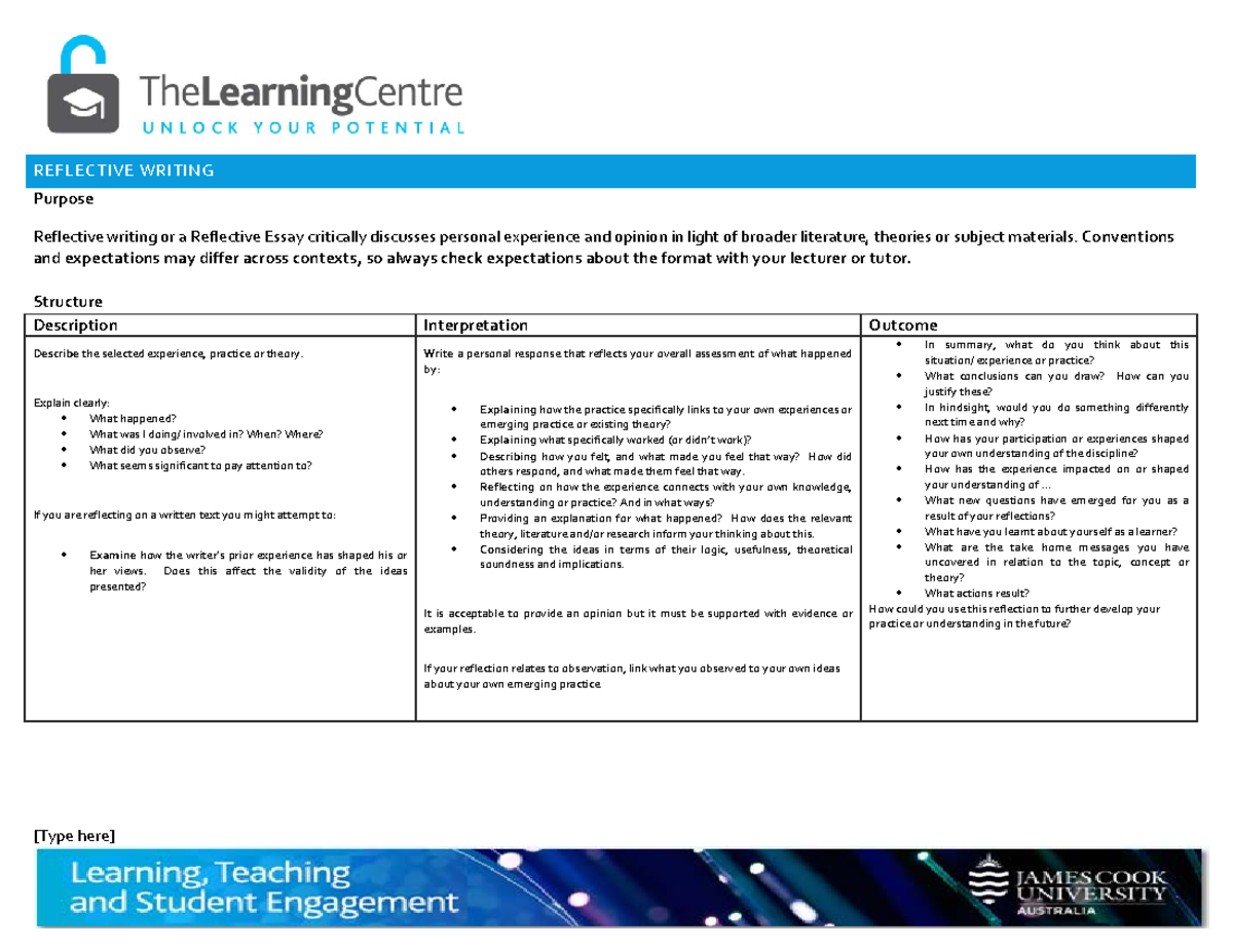 How to write a reflective essay - [Type here] REFLECTIVE WRITING ...