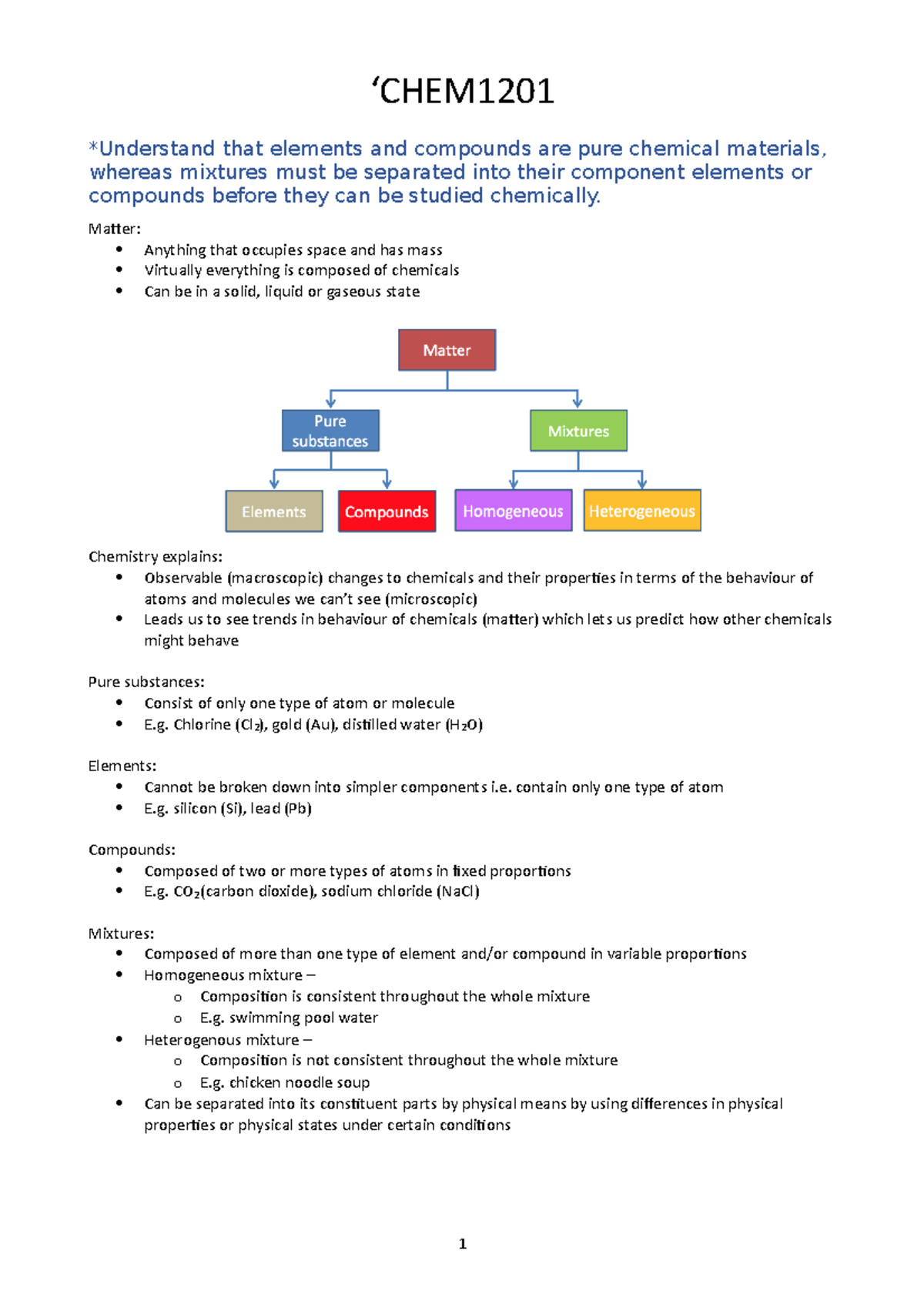 CHEM1201 Lecture Notes for WK1-4 - ‘CHEM *Understand that elements and ...
