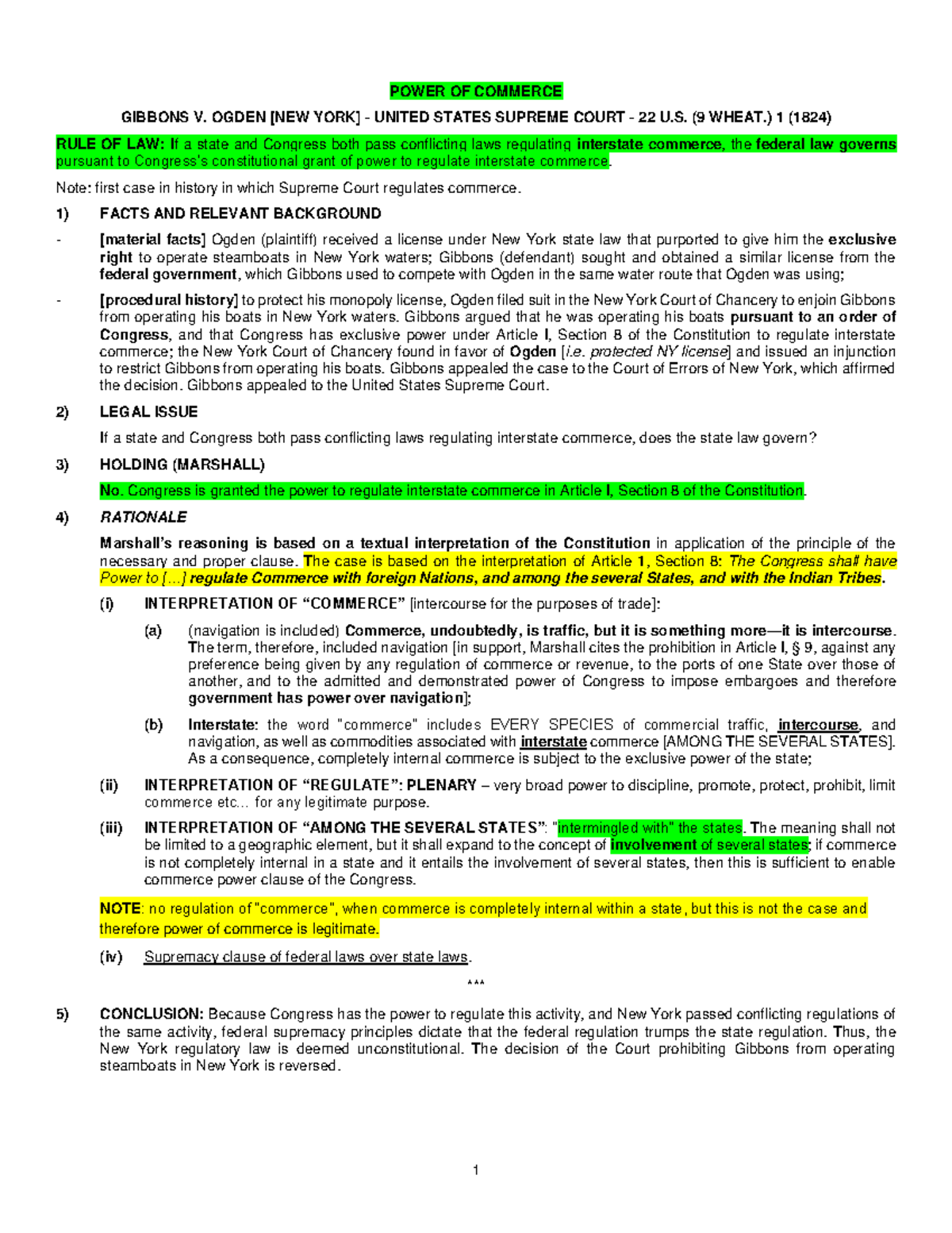 DETAILED Case brief & class notes - Gibbons v. Ogden - high-quality ...