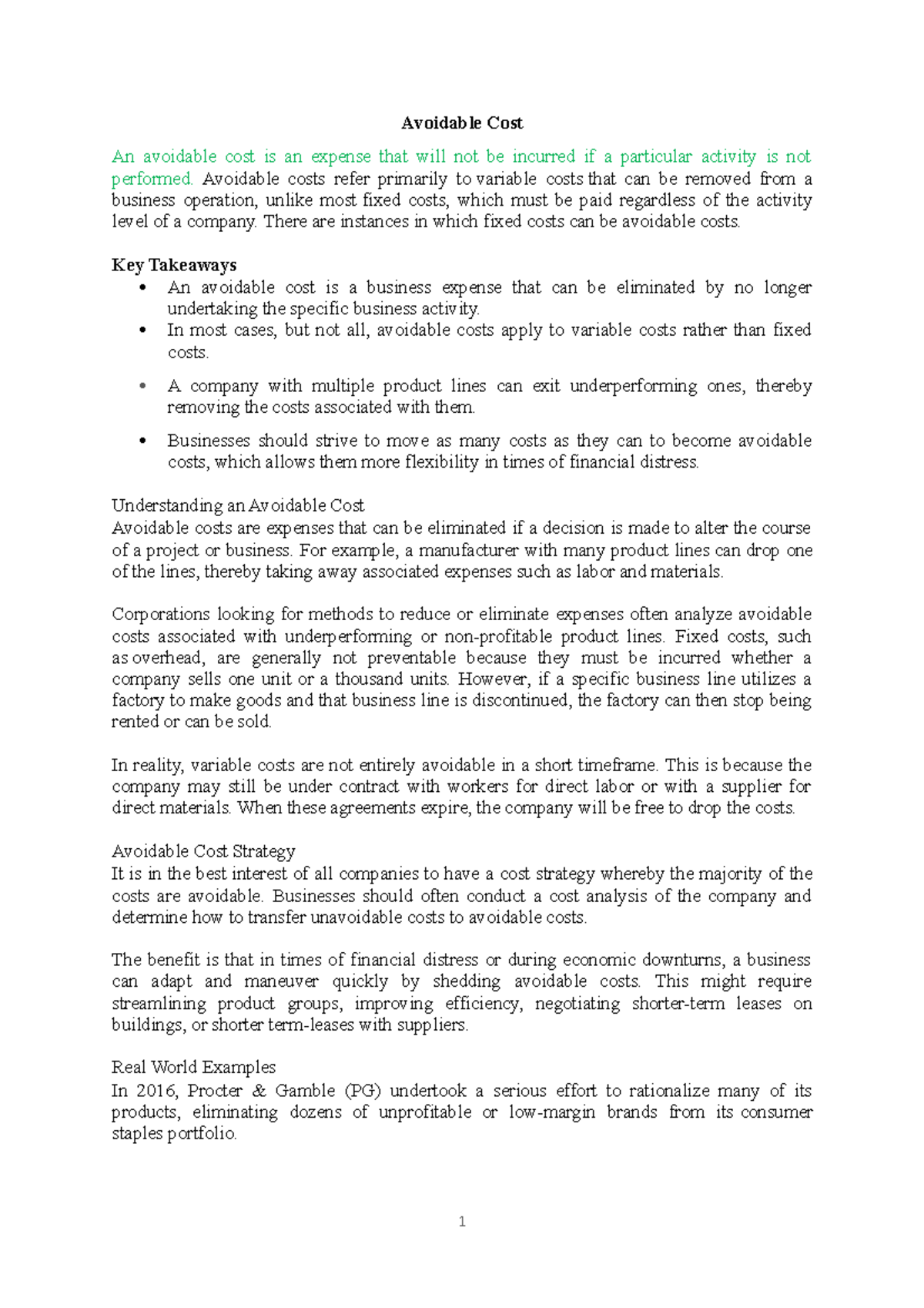 Avoidable Cost - Avoidable costs refer primarily to variable costs that ...