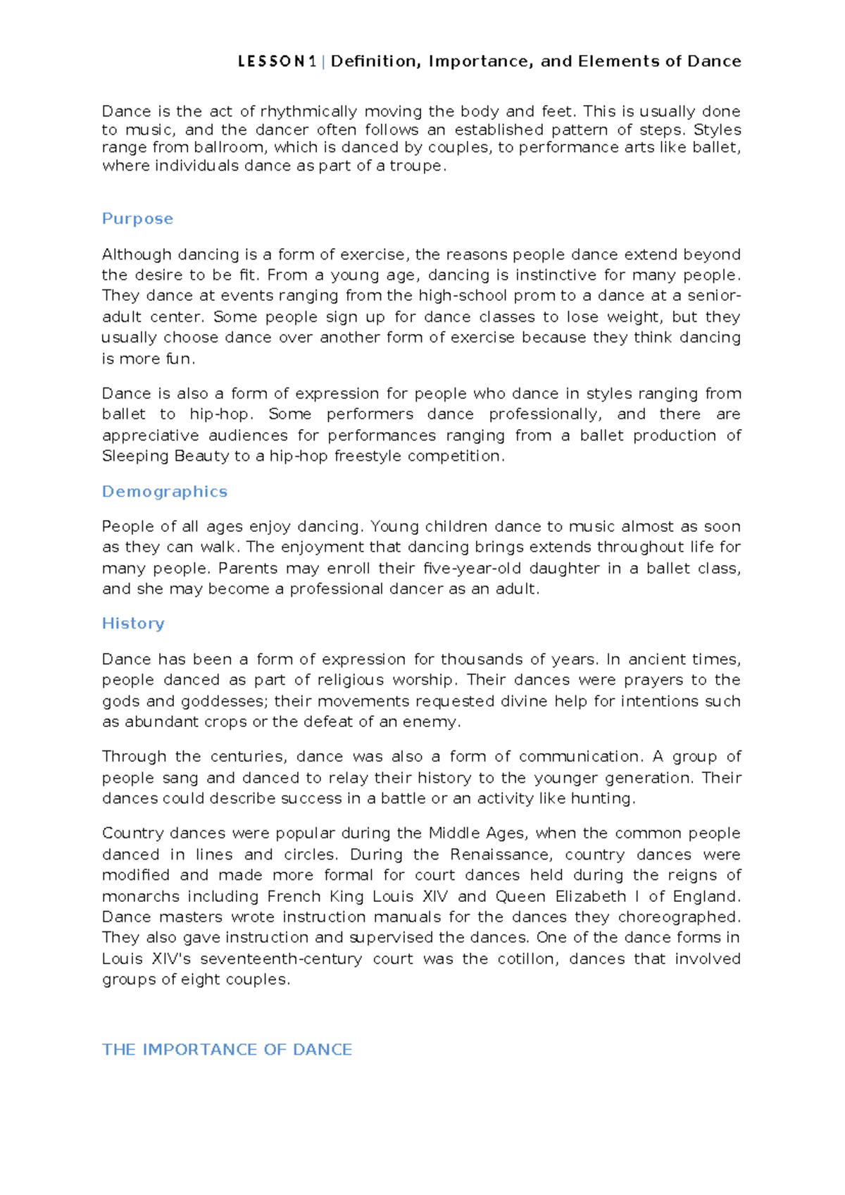 PE 3- Dance Handout 1 S - Summary Health and Physical Education - Dance ...