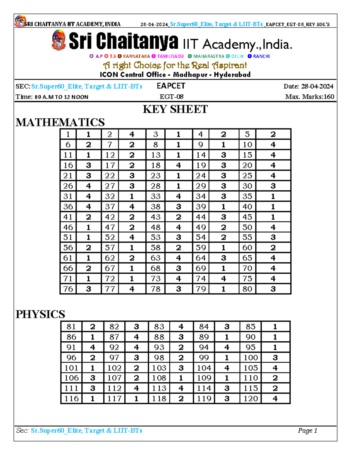28-04-2024 Sr.Super 60 Elite, Target & LIIT-BTs Eapcet EGT-08 KEY & SOL ...