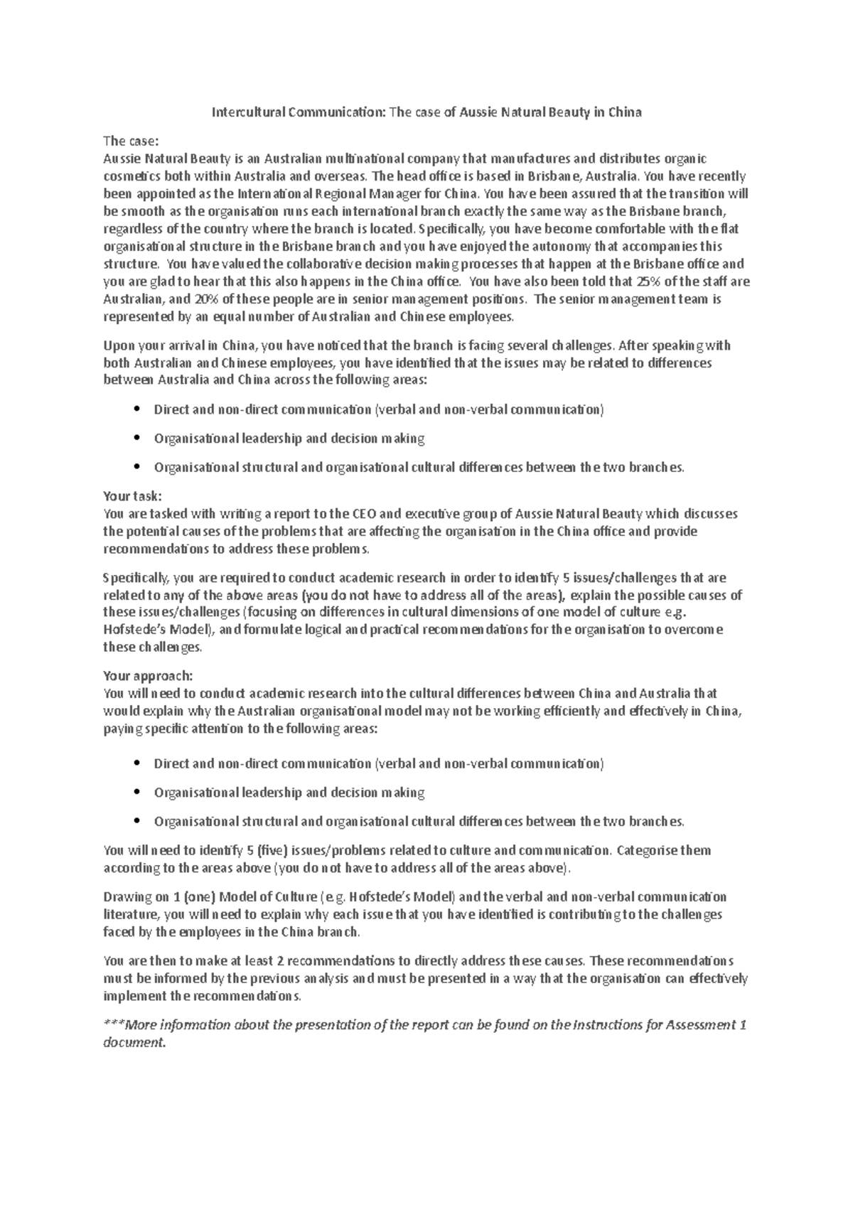 Assessment 1 Case study SEM 1 2021 - Intercultural Communication: The ...