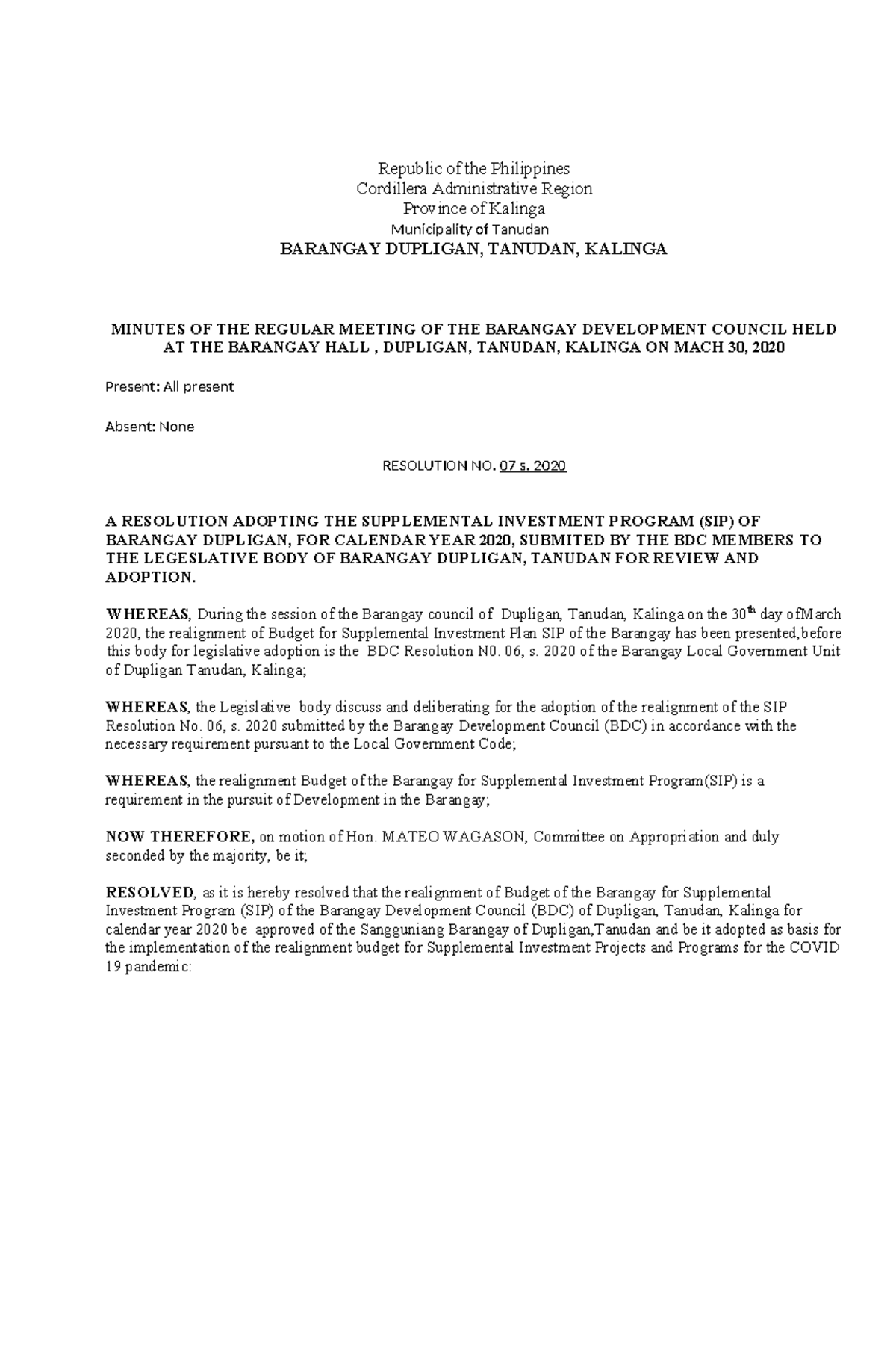 AIP Adoption & Realignment Resolution - Republic of the Philippines ...