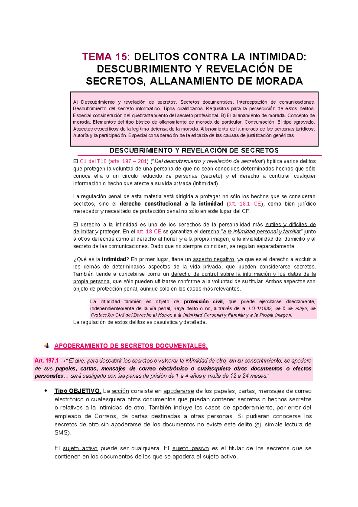 TEMA 15 Delitos Contra LA Intimidad - TEMA 15: DELITOS CONTRA LA INTIMIDAD: DESCUBRIMIENTO Y ...