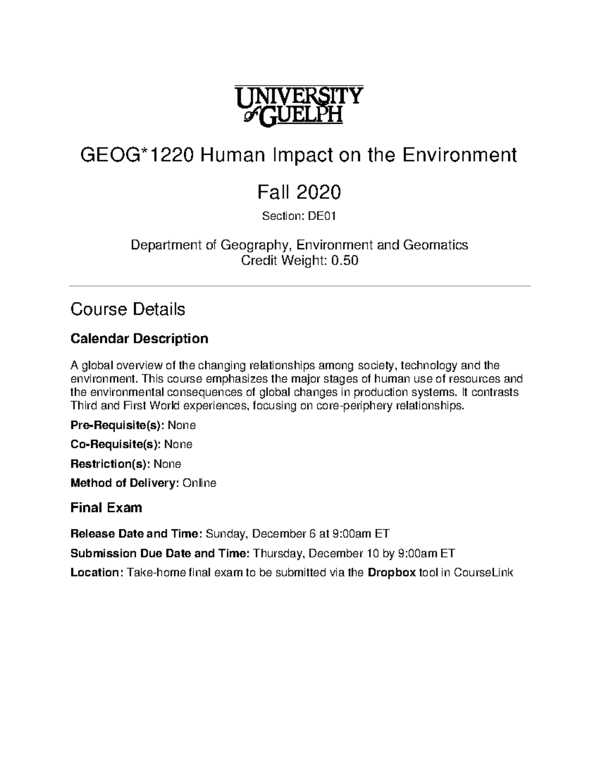 GEOG1220 Outline for the year - assignments - UNIVERSITY g/"GUELPH GEOG ...