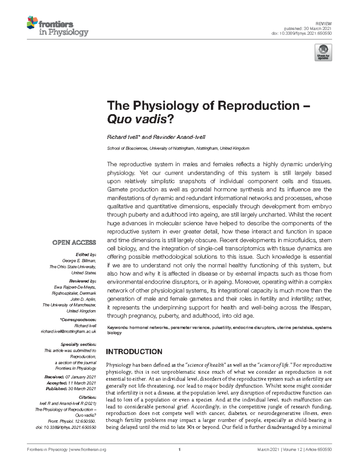 Physiology of the reproductive system - REVIEW published: 30 March 2021 ...