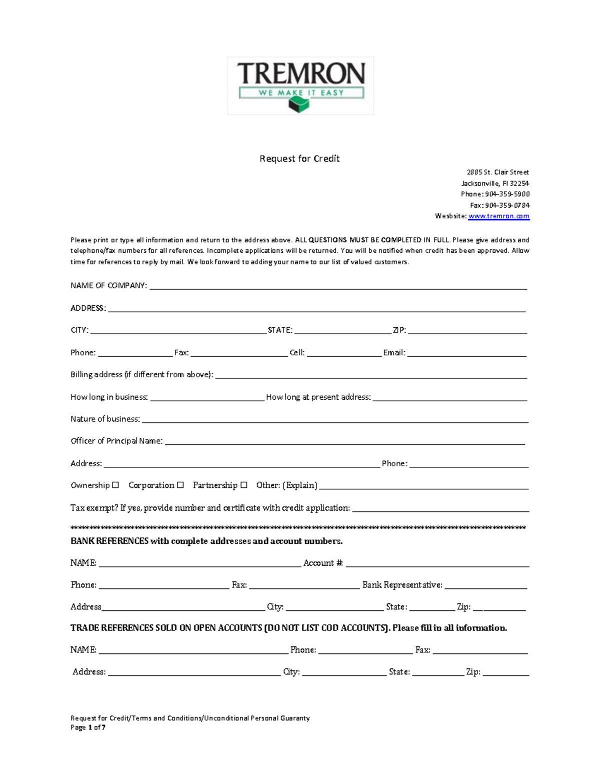 Credit Application - Request for Credit/Terms and Conditions/Unconditional Personal Guaranty ...