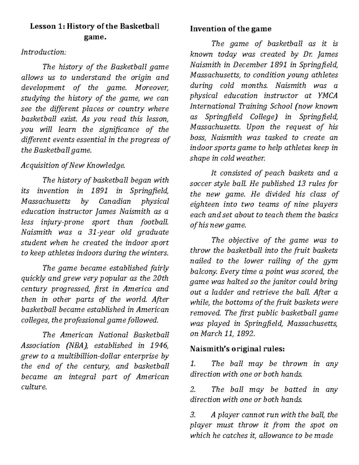 PE122-notes - PE NOTES - Lesson 1: History of the Basketball game ...