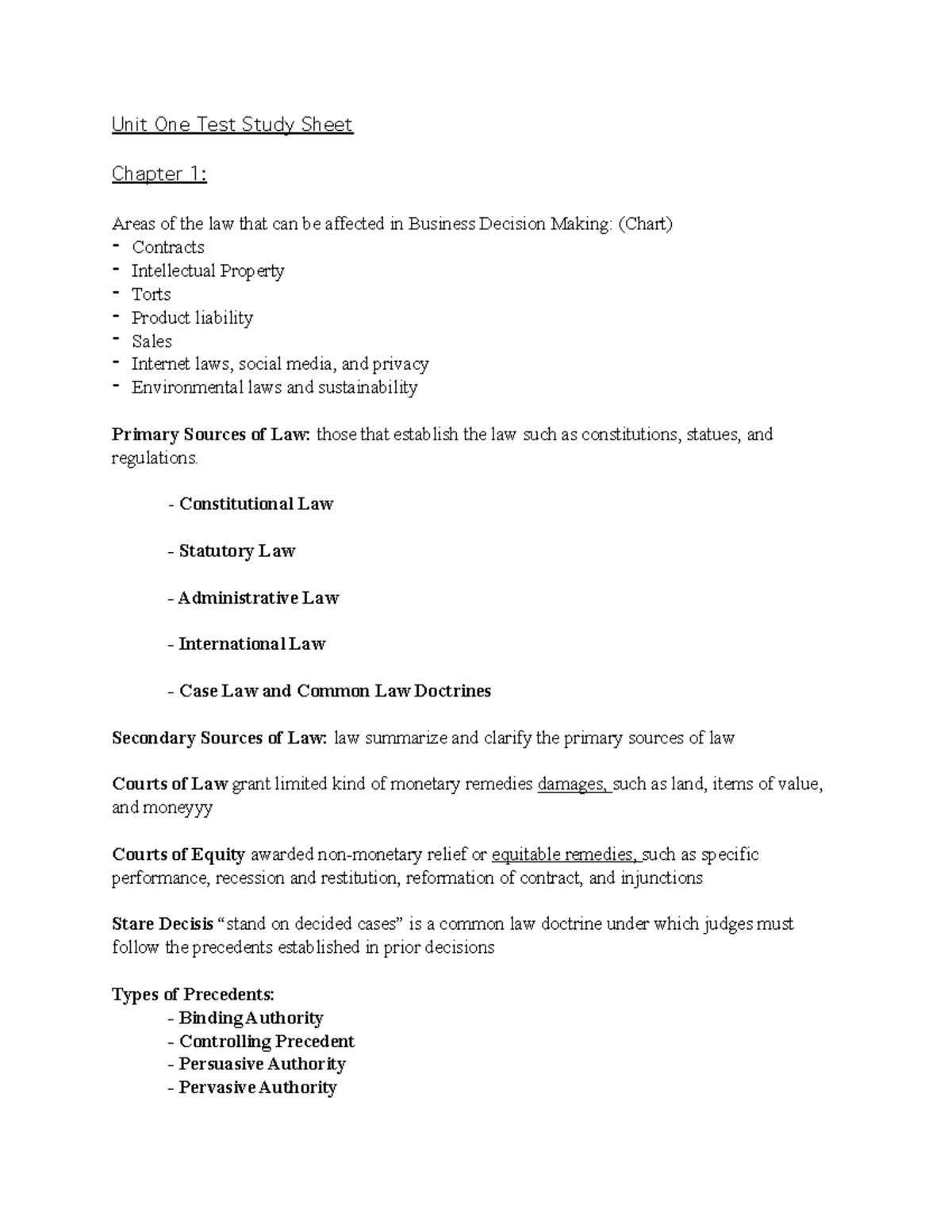 BL-201: Unit One Study Sheet - Unit One Test Study Sheet Chapter 1 ...
