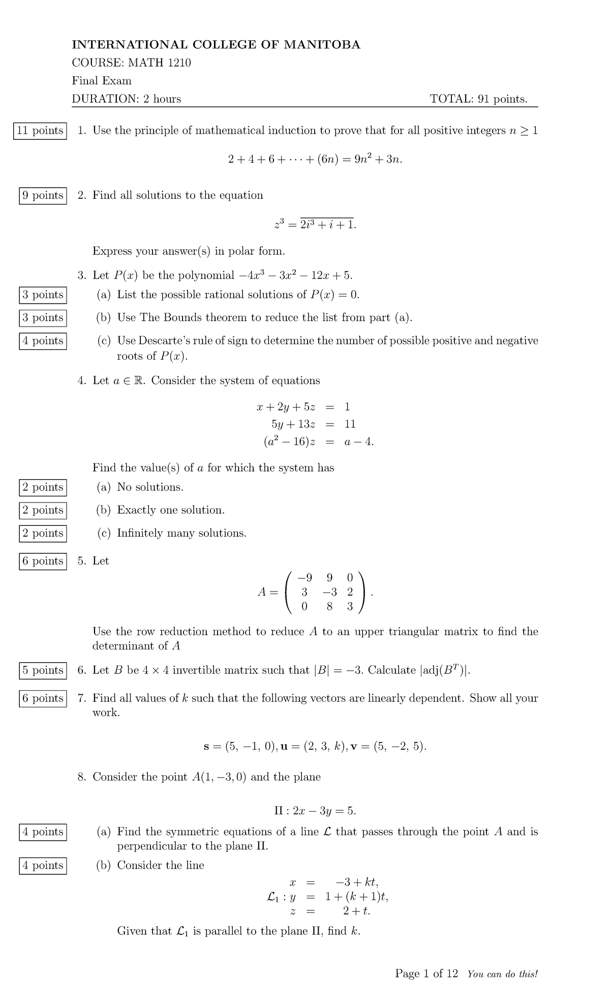 Final exam practice - INTERNATIONAL COLLEGE OF MANITOBA COURSE: MATH ...